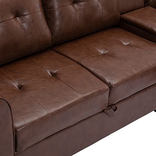 FANYE L-Shaped Corner Sectional Reversible Storage Chaise, Modern Convertible Sofa & Couch W/Headrest and Cupholders for Home Apartment Office Living Room, Brown PU Leather