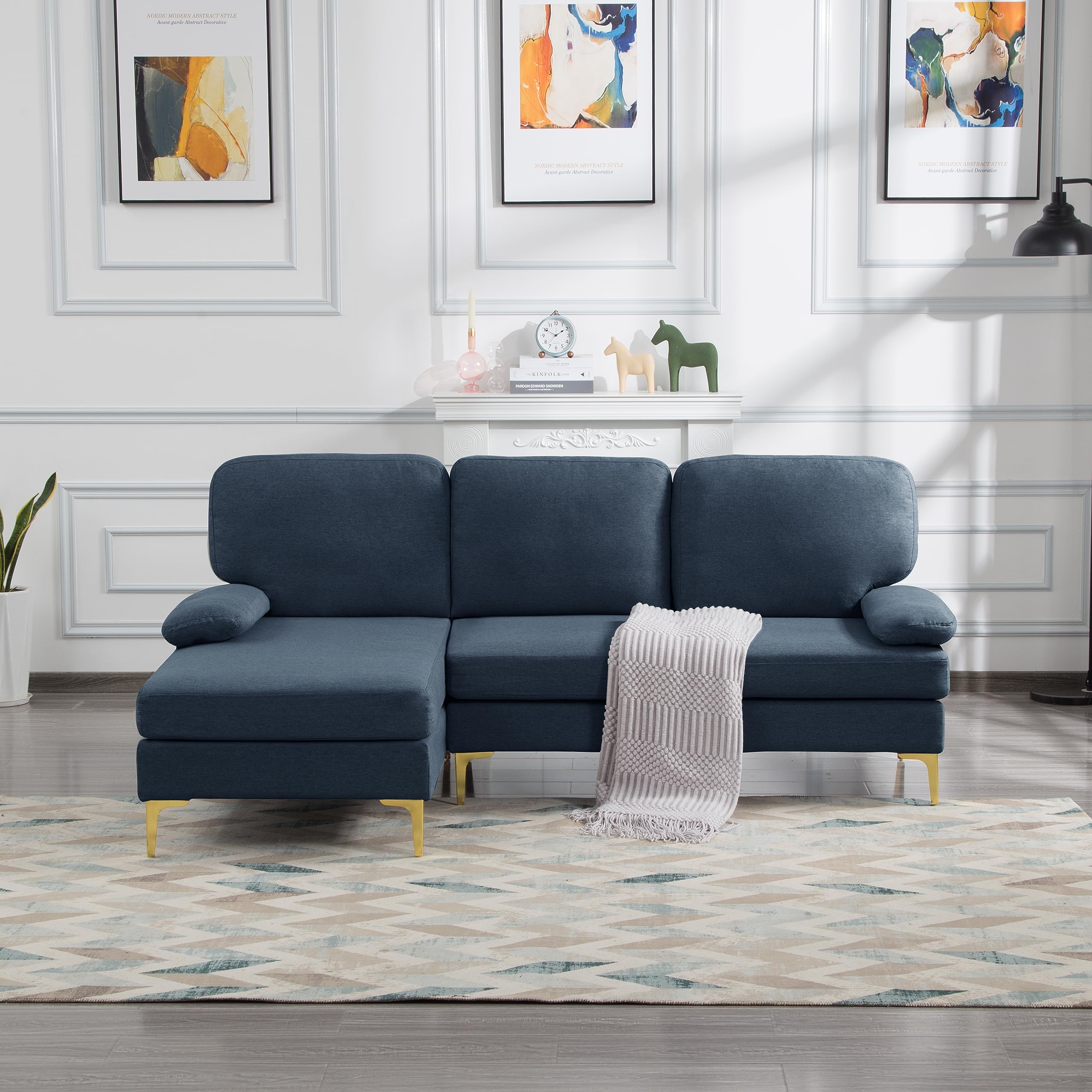 KoiHome 79.5" Left Hand Facing Sectional Sofa Couch with 2 Detachable Armrest Pillows, Modern Fabric 3-Seater L Shape Chaise with Metal Legs for Living Room,Apartment,Office, Polyester, Navy Blue