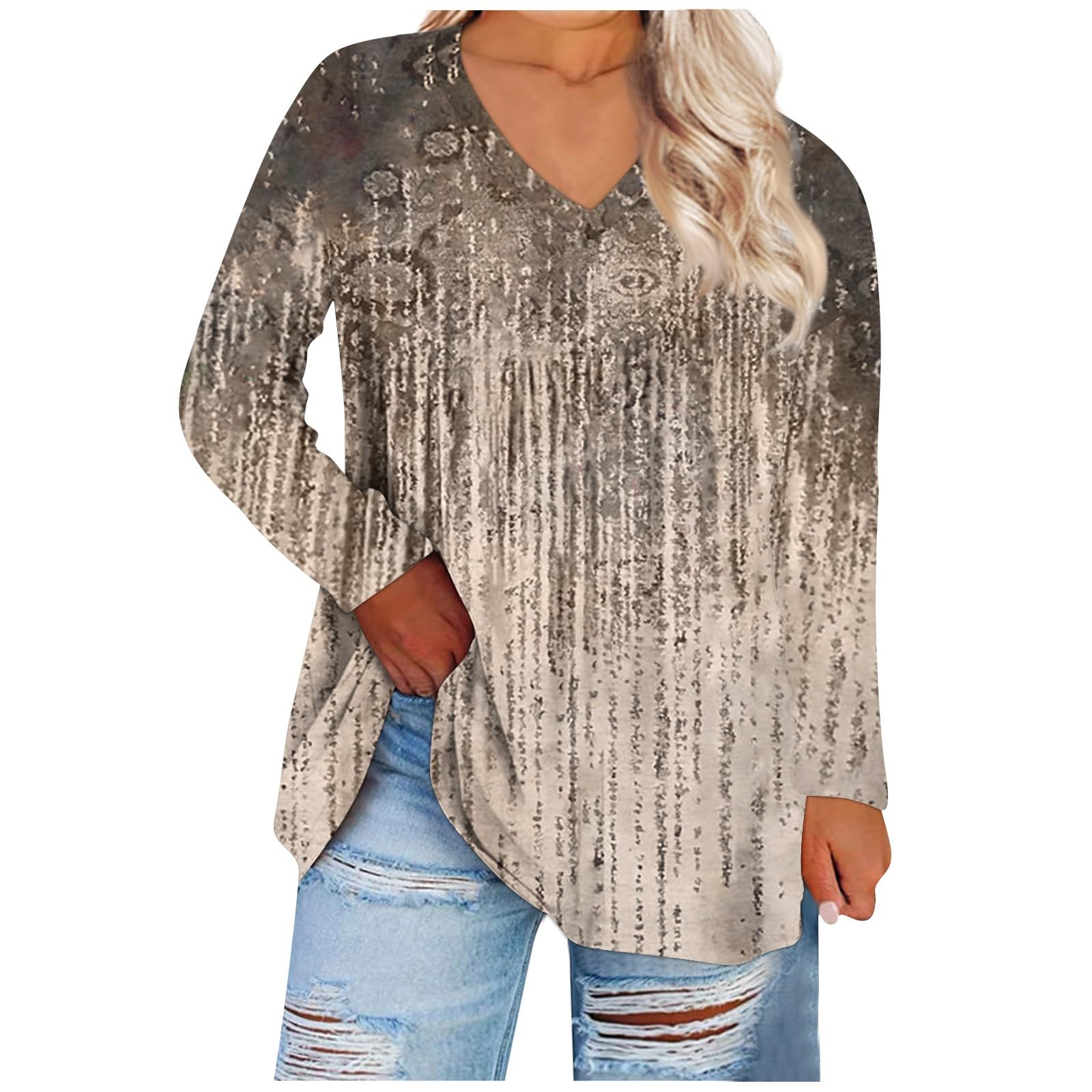 Plus Size Womens Tops Long Sleeve V Neck Going Out Tops for Women Fall Printed Ethnic Style Western Tshirts Women Graphic Tees Winter Vintage Sweatshirt Khaki 4X