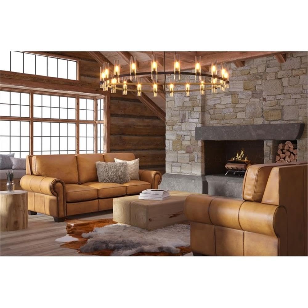 Pemberly Row Top Grain Hand Antiqued Leather Sofa in Tan Brown