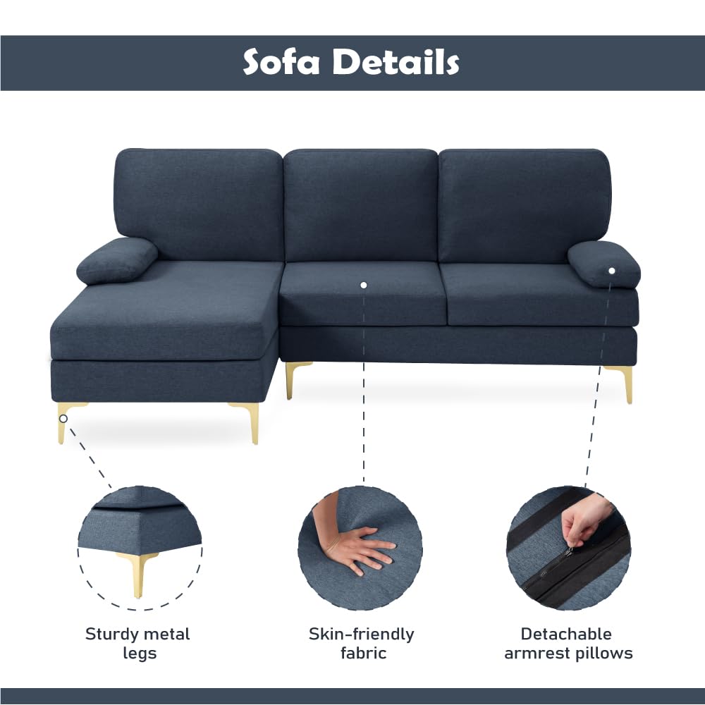 KoiHome 79.5" Left Hand Facing Sectional Sofa Couch with 2 Detachable Armrest Pillows, Modern Fabric 3-Seater L Shape Chaise with Metal Legs for Living Room,Apartment,Office, Polyester, Navy Blue