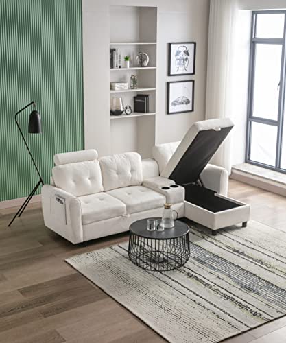 FANYE L-Shaped Corner Sectional Reversible Storage Chaise, Modern Convertible Sofa & Couch W/Headrest and Cupholders for Home Apartment Office Living Room, White Polyester
