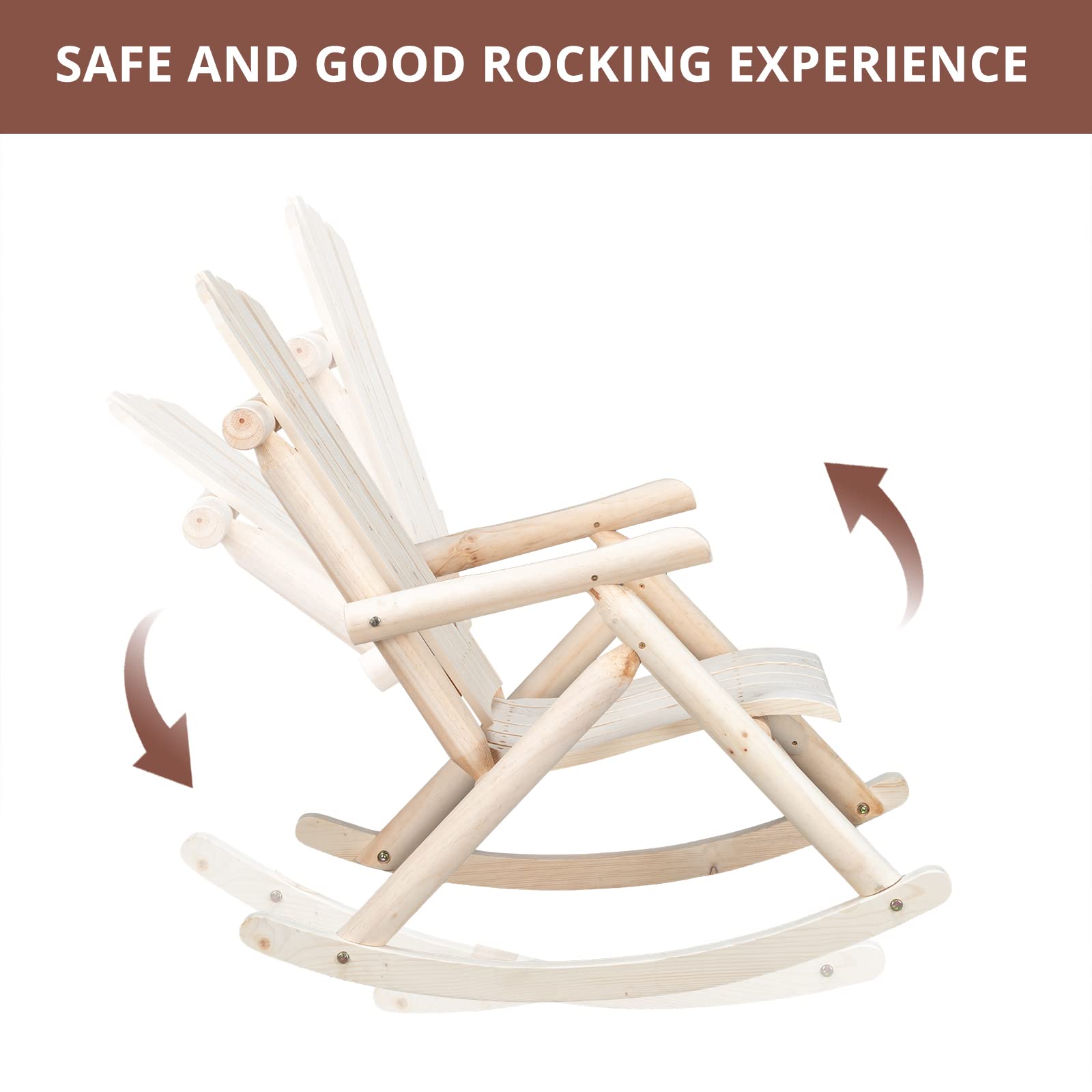 COOBL Log Rocking Chair,Solid Wood High Back Rocker,All Weather Resistant Porch Rocker for Lawn Garden Backyard Patio