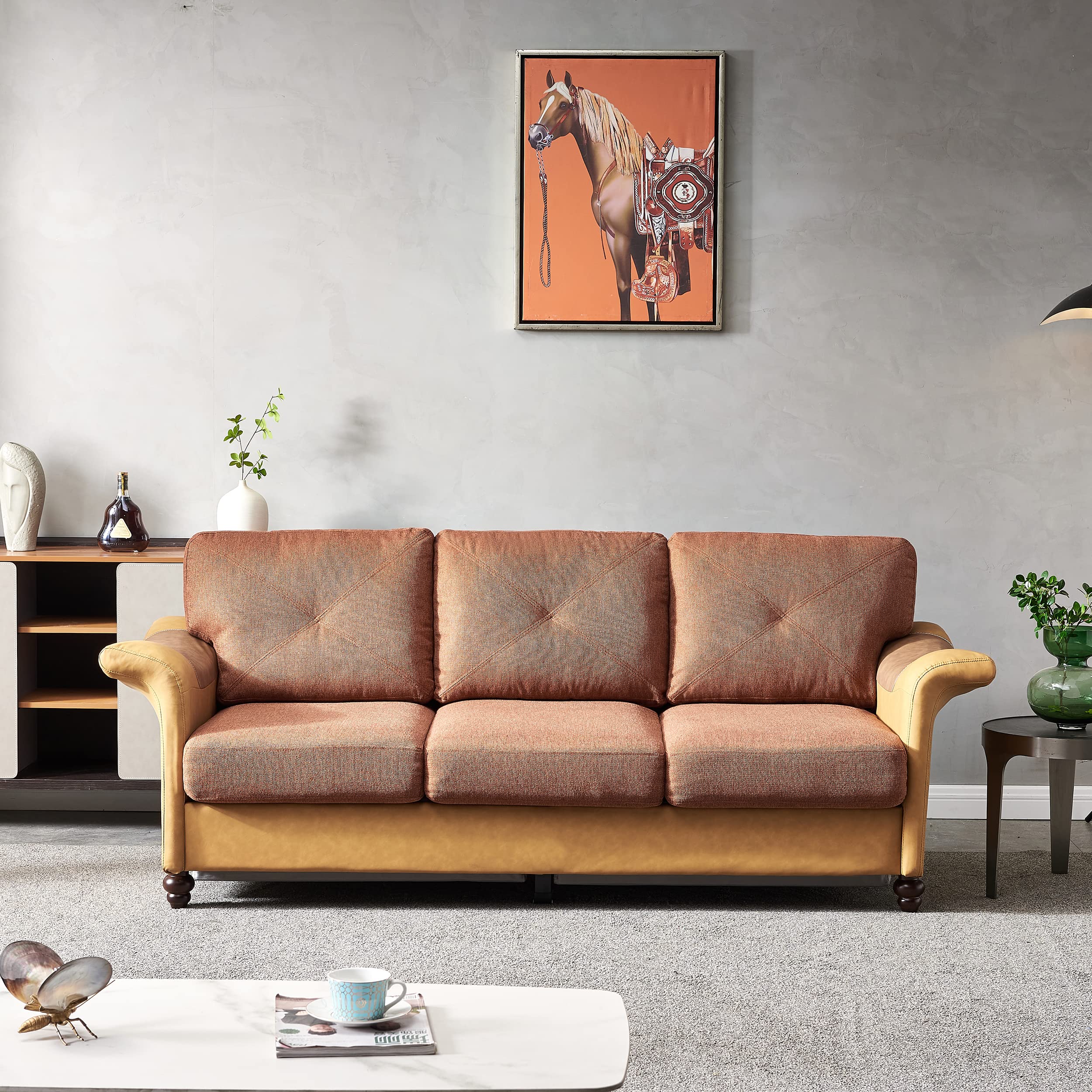TARTOP Furniture Linen Fabric Faux Leather Solid Wood Legs Upholstered Couches Sets with 3-Seat Sofa, Loveseat for Living Room, Brown