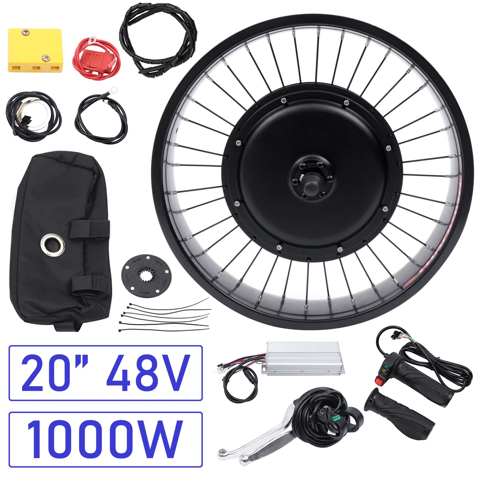 RIAHNEAH E-Bicycle Conversion Kit, 48V 1000W 20" Front Wheel Electric Bicycle Conversion Kit, Electric Bicycle Brushless Gearless Hub Motor Kit 48km/h High Speed Motor Wheel Kit