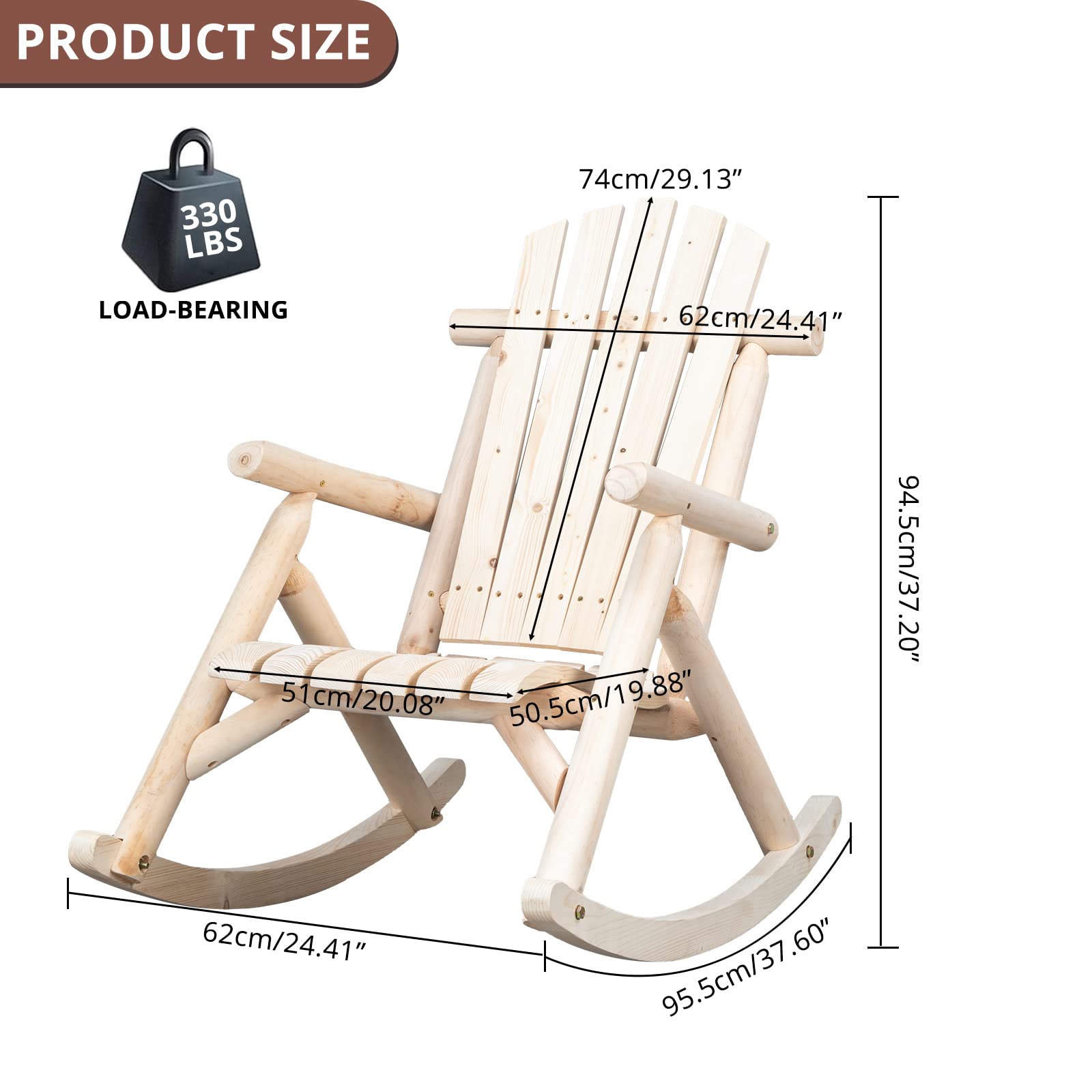 COOBL Log Rocking Chair,Solid Wood High Back Rocker,All Weather Resistant Porch Rocker for Lawn Garden Backyard Patio