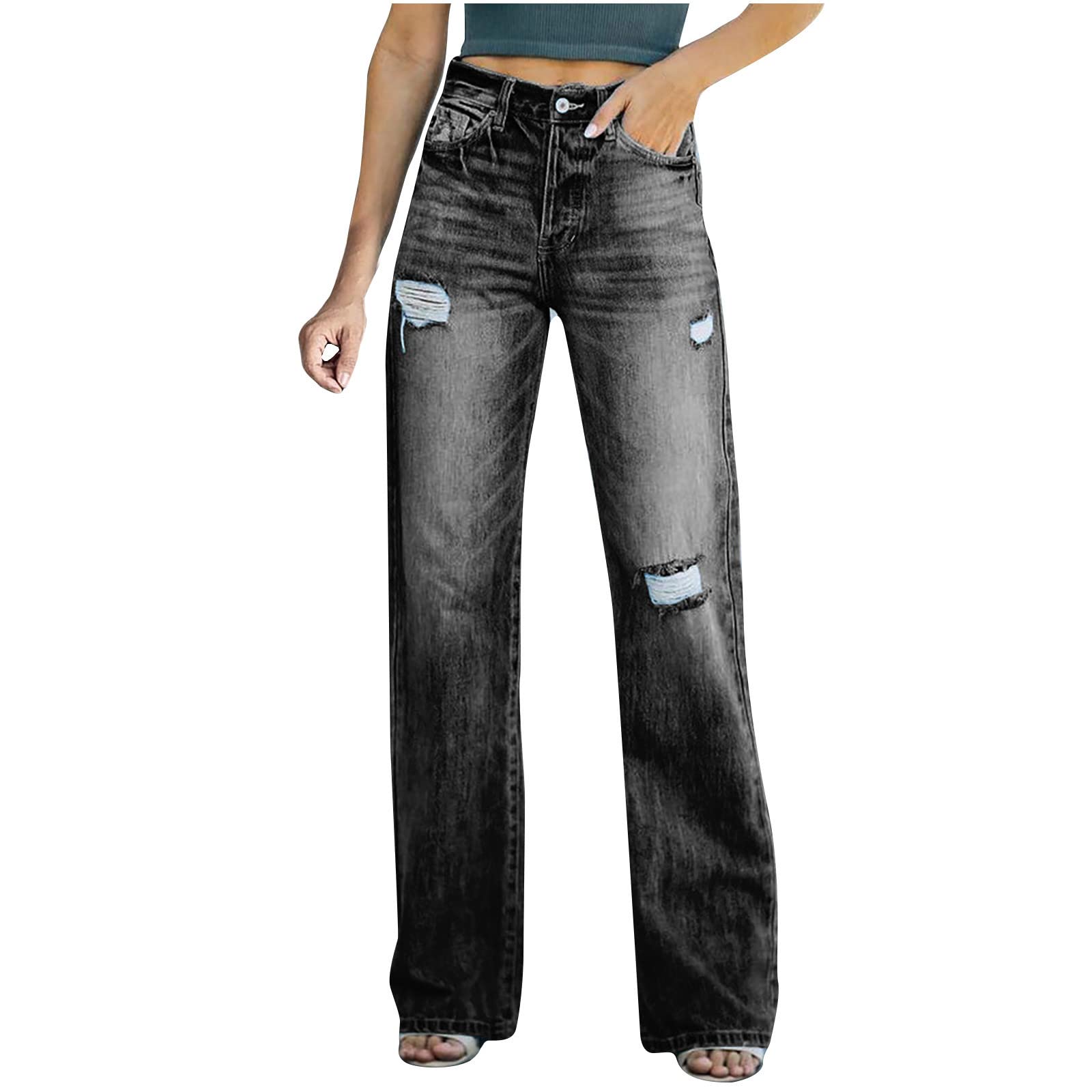 SMIDOW Return pallets pj Pants y2k Women Straight Leg Ripped Jeans Bootcut Jeans Denim Pants Floor Length Fashion Teen Girls Jeans Bottoms Relaxed Fit Black L