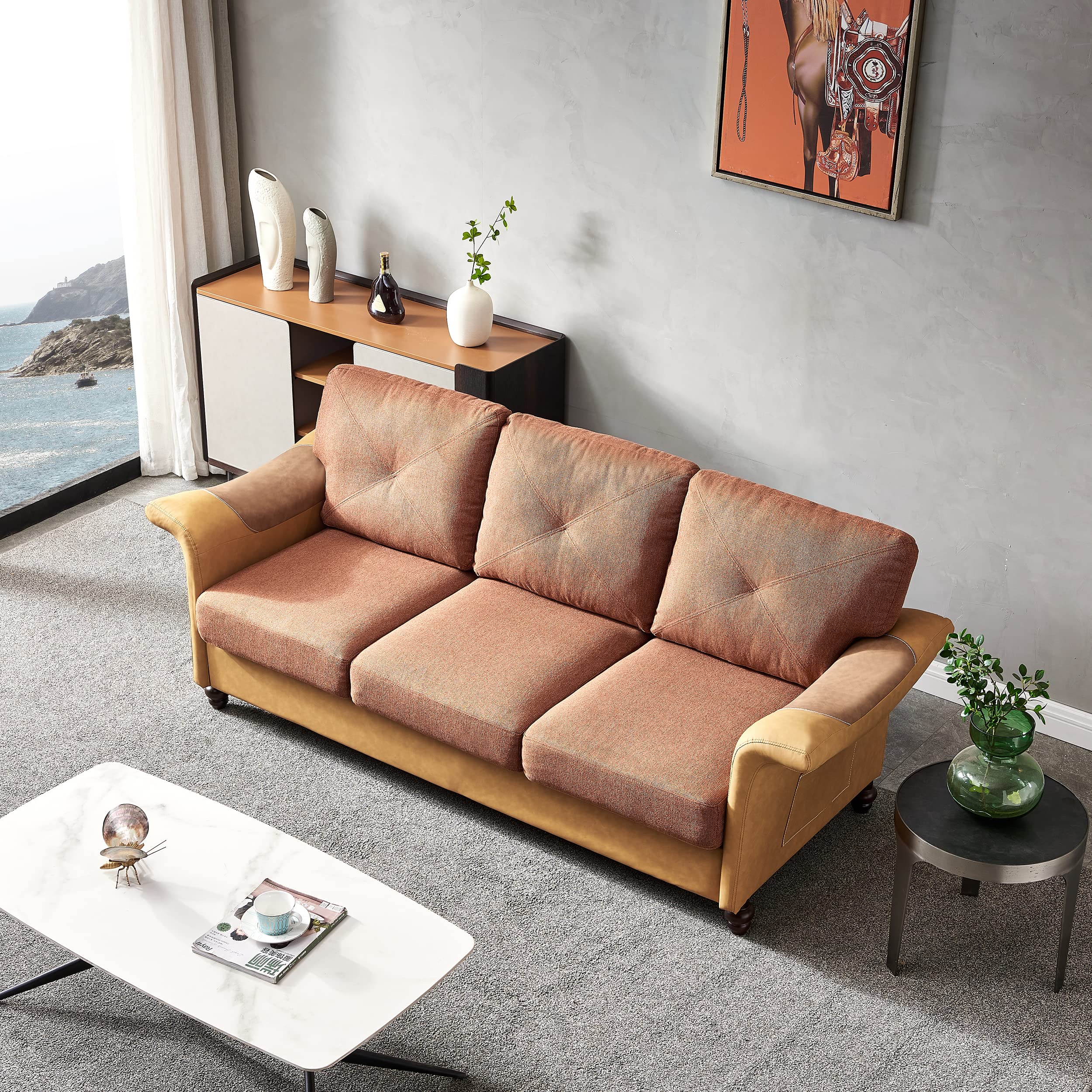 TARTOP Furniture Linen Fabric Faux Leather Solid Wood Legs Upholstered Couches Sets with 3-Seat Sofa, Loveseat for Living Room, Brown