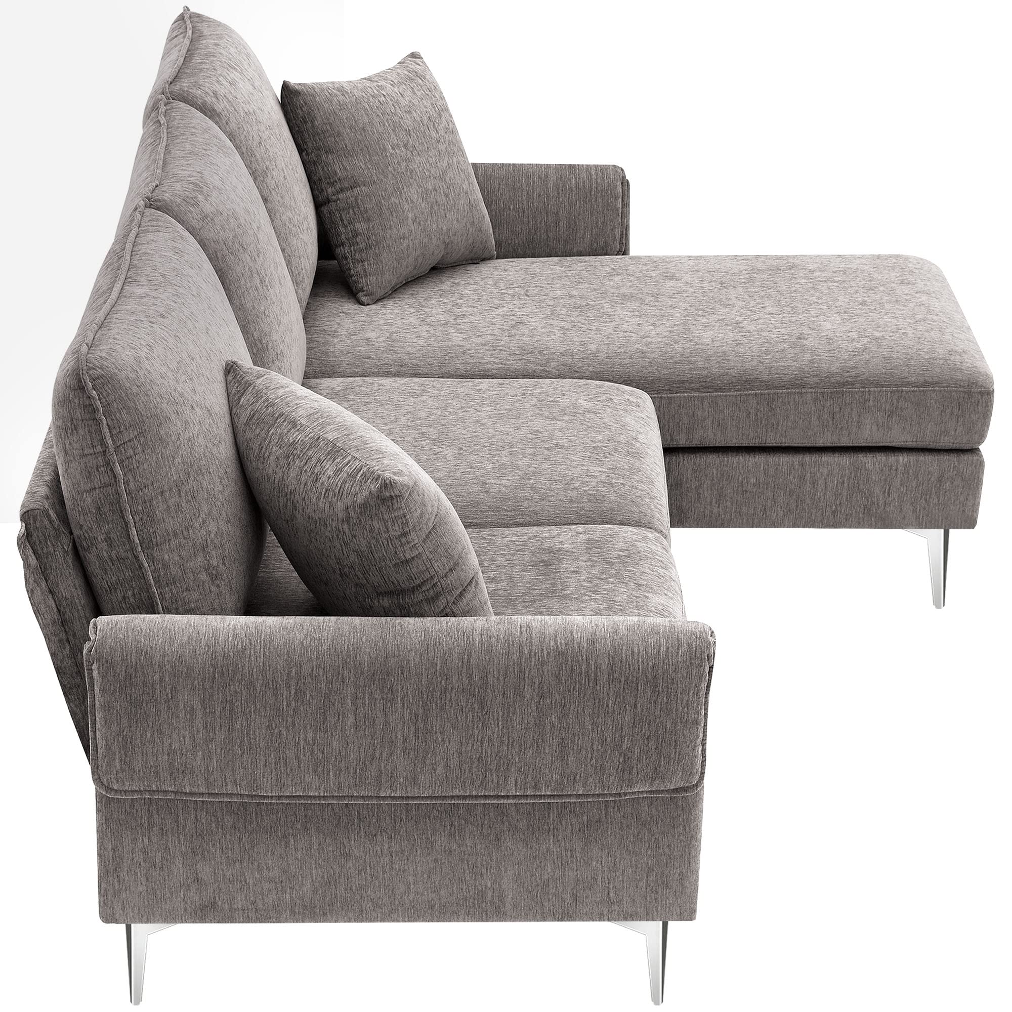 KoiHome 84" Convertible Sectional 2 Pillows, Modern Chenille L-Shaped Couch with Reversible Chaise Lounge, 3-Seater Sleeper Sofa, Fit for Living Room,Office,Apartment, Polyester, Grey