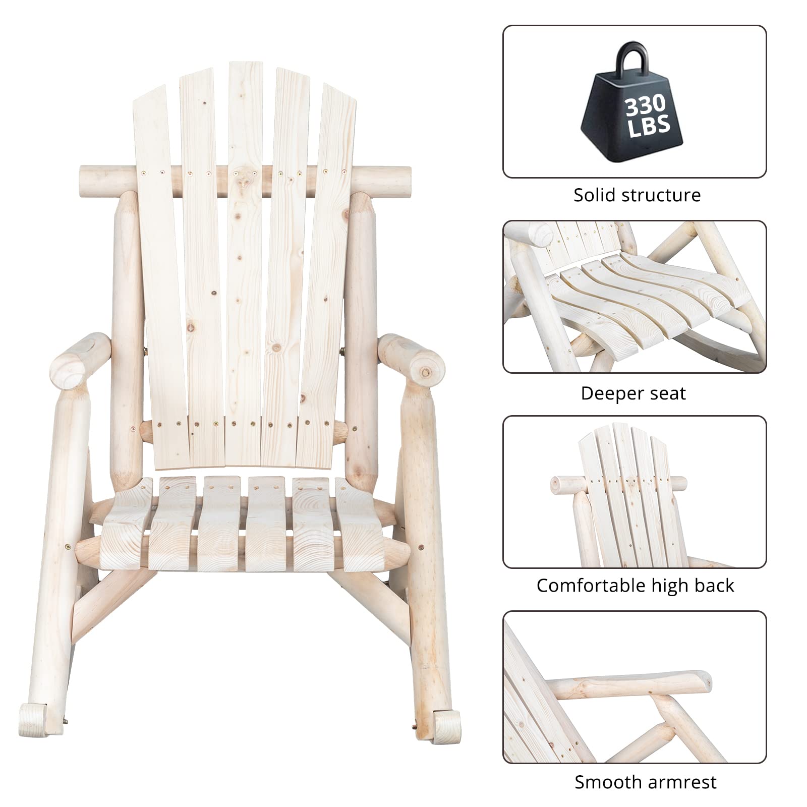COOBL Log Rocking Chair,Solid Wood High Back Rocker,All Weather Resistant Porch Rocker for Lawn Garden Backyard Patio