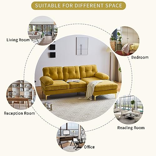Eafurn Button Tufted Velvet Sectional, L-Shape Corner Extra Wide Chaise Lounge and Arm-Pillows, Right Hand Facing Comfy Sofa & Couches for Living Room,Up to 3 Seating Capacity, Yellow 83"