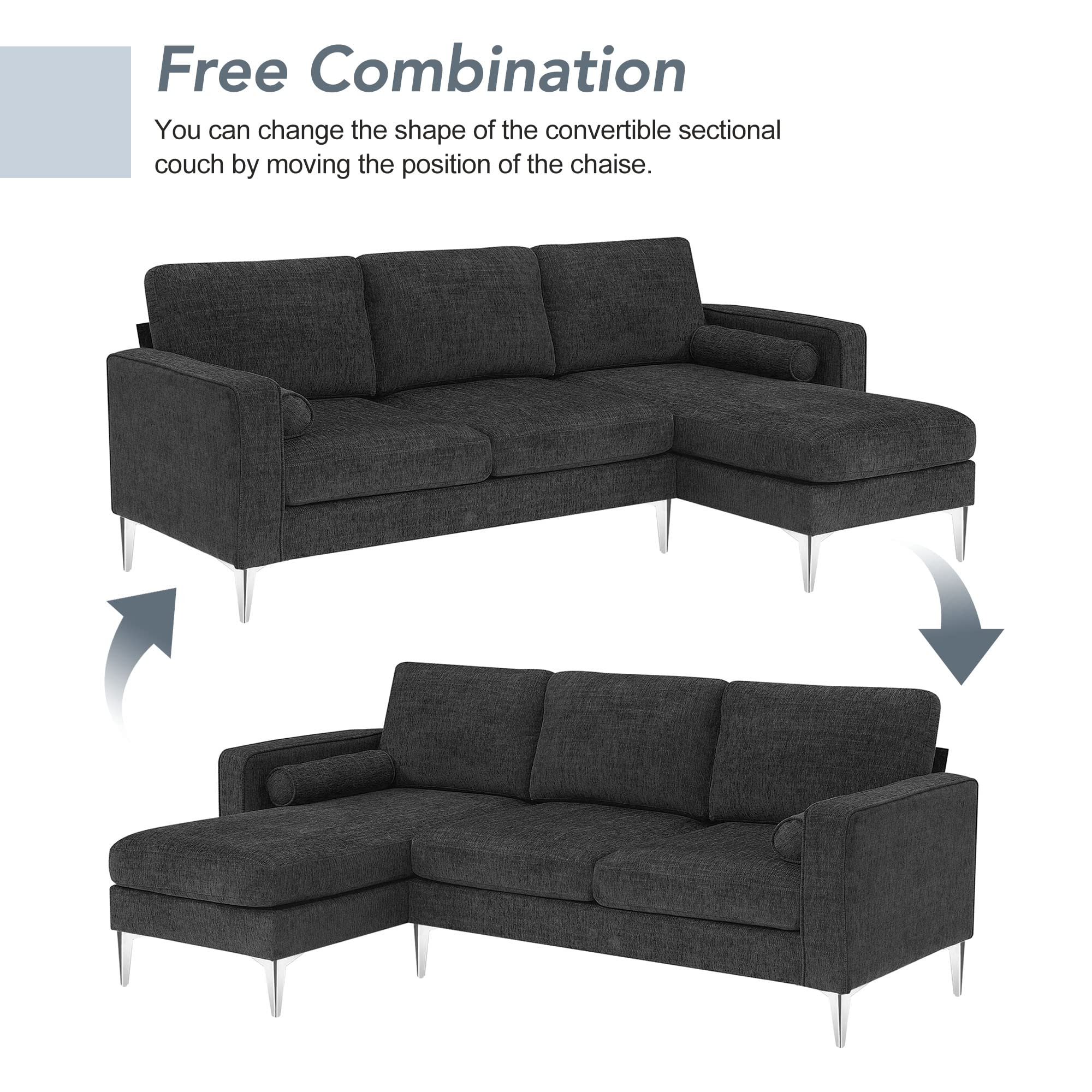 KoiHome 86" Convertible Sectional 2 Pillows, Modern Chenille L-Shaped Couch with Reversible Chaise Lounge, 3-Seater Sofa, Fit for Living Room,Office,Apartment, Polyester, Dark Grey