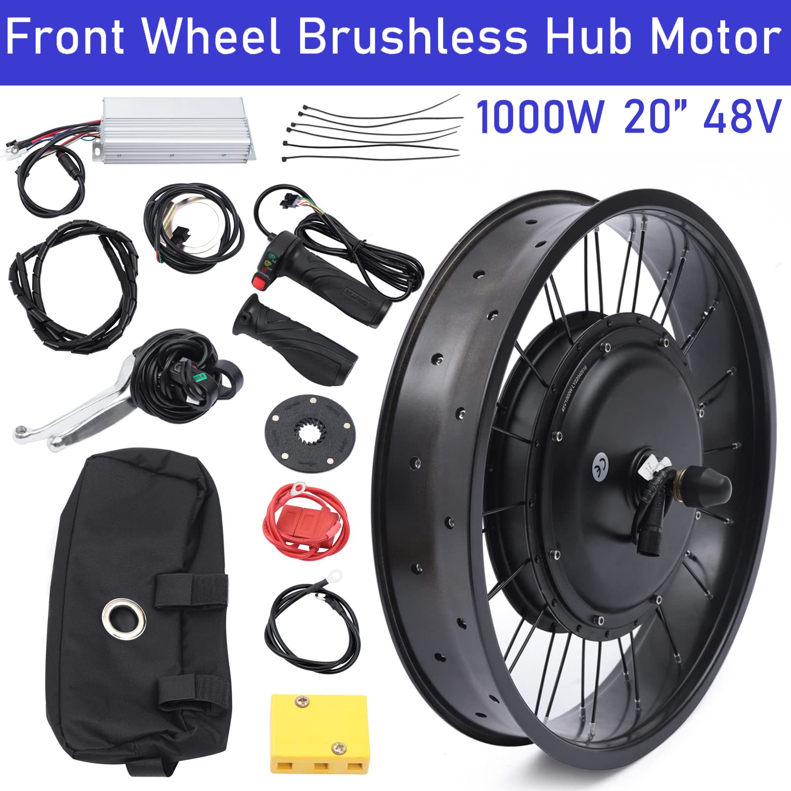 RIAHNEAH E-Bicycle Conversion Kit, 48V 1000W 20" Front Wheel Electric Bicycle Conversion Kit, Electric Bicycle Brushless Gearless Hub Motor Kit 48km/h High Speed Motor Wheel Kit