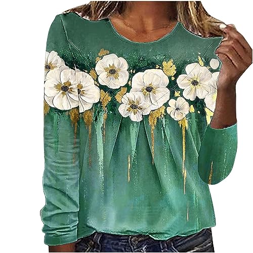 Lightning Deals Womens Business Casual Tops Crewneck Long Sleeve Cute Flower Print Vintage t Shirts Ruched Going Out Casual Tees Green M