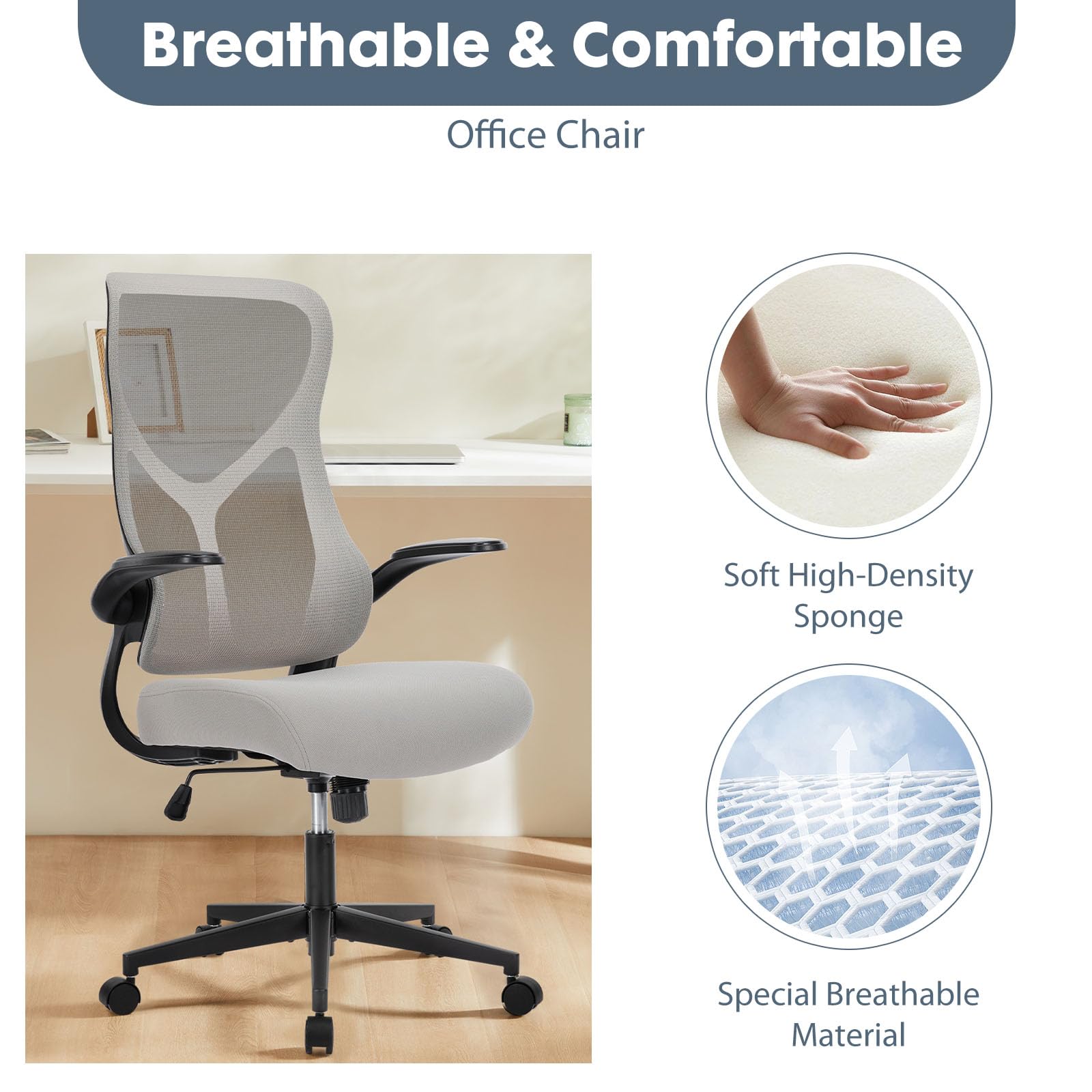 High Back Office Chair Flip up Arms, Desk Chair with Lumbar Support and Wheels Ergonomic Mesh Chair Adjustable Height Work Chair for Home Office, Grey