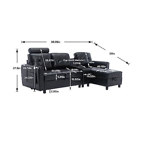 FANYE L-Shaped Corner Sectional Reversible Storage Chaise, Modern Convertible Sofa & Couch W/Headrest and Cupholders for Home Apartment Office Living Room, Black PU Leather