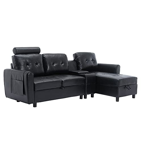 FANYE L-Shaped Corner Sectional Reversible Storage Chaise, Modern Convertible Sofa & Couch W/Headrest and Cupholders for Home Apartment Office Living Room, Black PU Leather