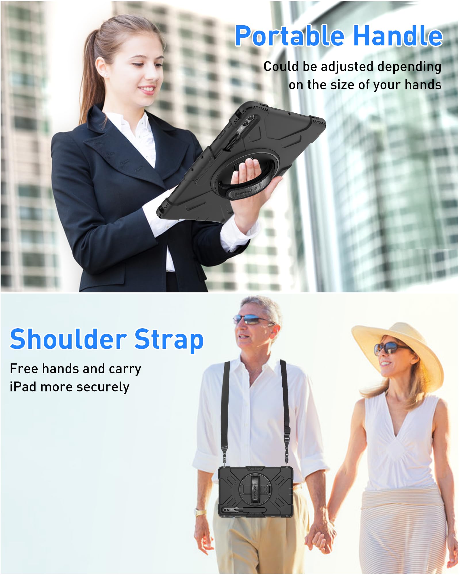 SUPFIVES Case for Galaxy Tab S10 Ultra 14.6 inch 2024, Tablet S9 Ultra 2023 Upgraded Military Liquid Silicone 3 Layers Protection with+Handle+ Rotating Stand+ S-Pen Holder+ Shoulder Strap- Black