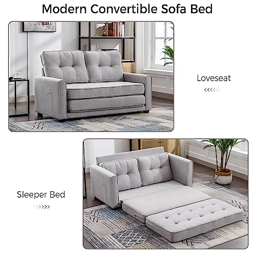 3 Fold Upholstered Futon Sofa Convertible Floor Sofabed ,Foldable Tufted Loveseat with Pull Out Sleeper Couch Bed, Space Saving Love Seat Daybed W/Side Pockets for Apartment Office Home Living Room