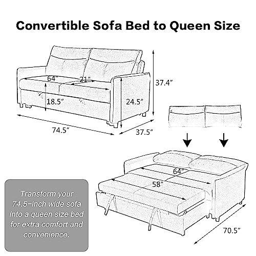 FANYE 74.5" W Futon Loveseat W/Pull Couch Bed and 2 Pillows,3 in 1 Reclining Backrest Love Seat Convertible Queen Size Sleeper & Sofabed for Home Apartment Office Living Room, Green