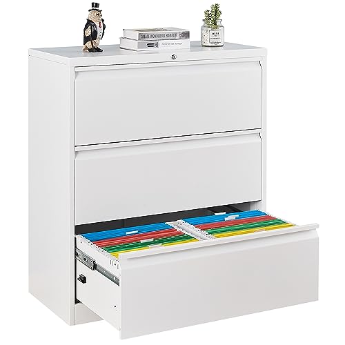 LVSTEEL Lateral File Cabinet with Lock,3 Drawer Stainless Metal Lateral Filing Cabinets, Home Office Storage Cabinets for Organization, Hanging Letter/Legal/A4,Anti-tilt Structure, White