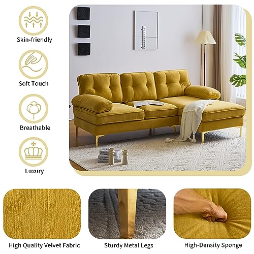 Eafurn Button Tufted Velvet Sectional, L-Shape Corner Extra Wide Chaise Lounge and Arm-Pillows, Right Hand Facing Comfy Sofa & Couches for Living Room,Up to 3 Seating Capacity, Yellow 83"