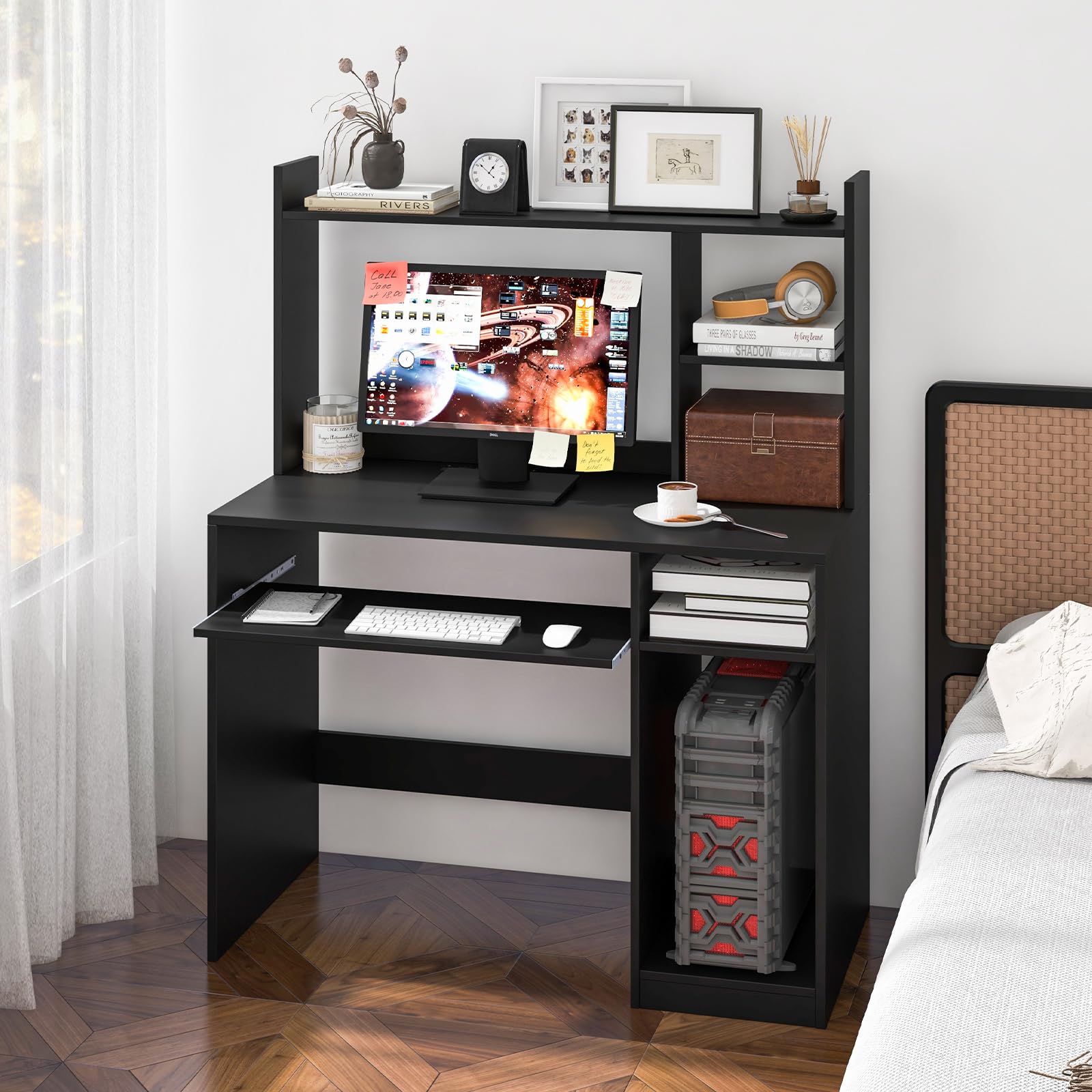 Giantex Computer Desk with Keyboard Tray, 43.5" Modern Writing Desk PC Laptop Table with Power Outlets, Hutch & Bookshelf, Multifunctional Study Workstation for Home Office, Black