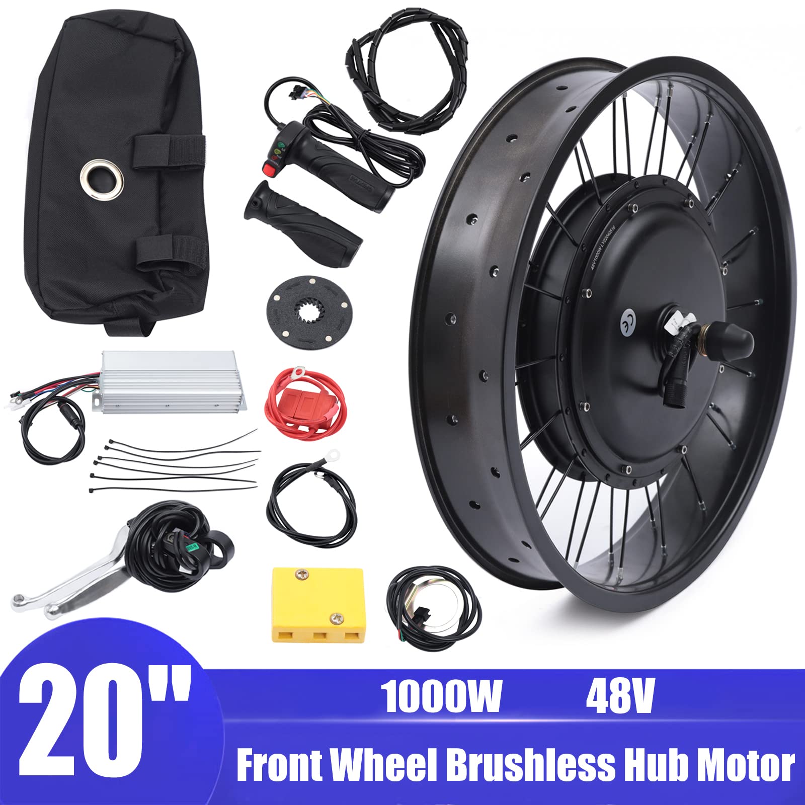 RIAHNEAH E-Bicycle Conversion Kit, 48V 1000W 20" Front Wheel Electric Bicycle Conversion Kit, Electric Bicycle Brushless Gearless Hub Motor Kit 48km/h High Speed Motor Wheel Kit