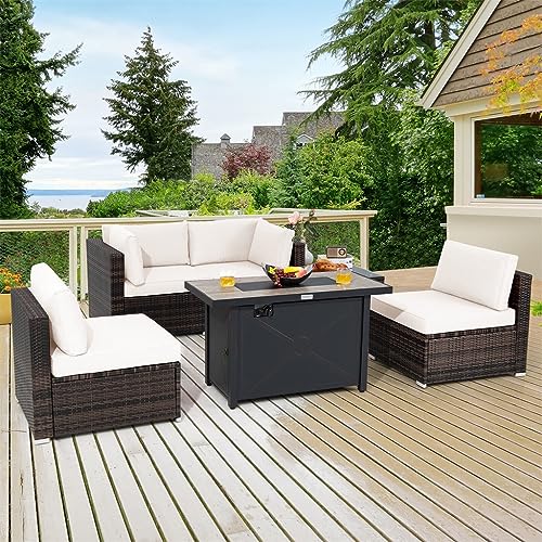 LHLLHL 6PCS Patio Furniture Set Rattan Cushioned Gas Fire Pit Table Beige