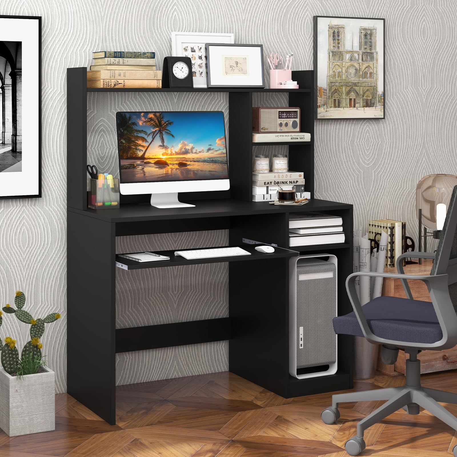 Giantex Computer Desk with Keyboard Tray, 43.5" Modern Writing Desk PC Laptop Table with Power Outlets, Hutch & Bookshelf, Multifunctional Study Workstation for Home Office, Black