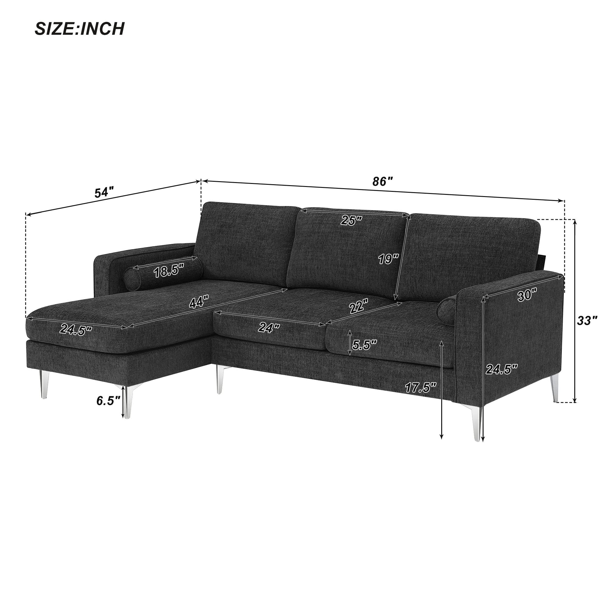 KoiHome 86" Convertible Sectional 2 Pillows, Modern Chenille L-Shaped Couch with Reversible Chaise Lounge, 3-Seater Sofa, Fit for Living Room,Office,Apartment, Polyester, Dark Grey