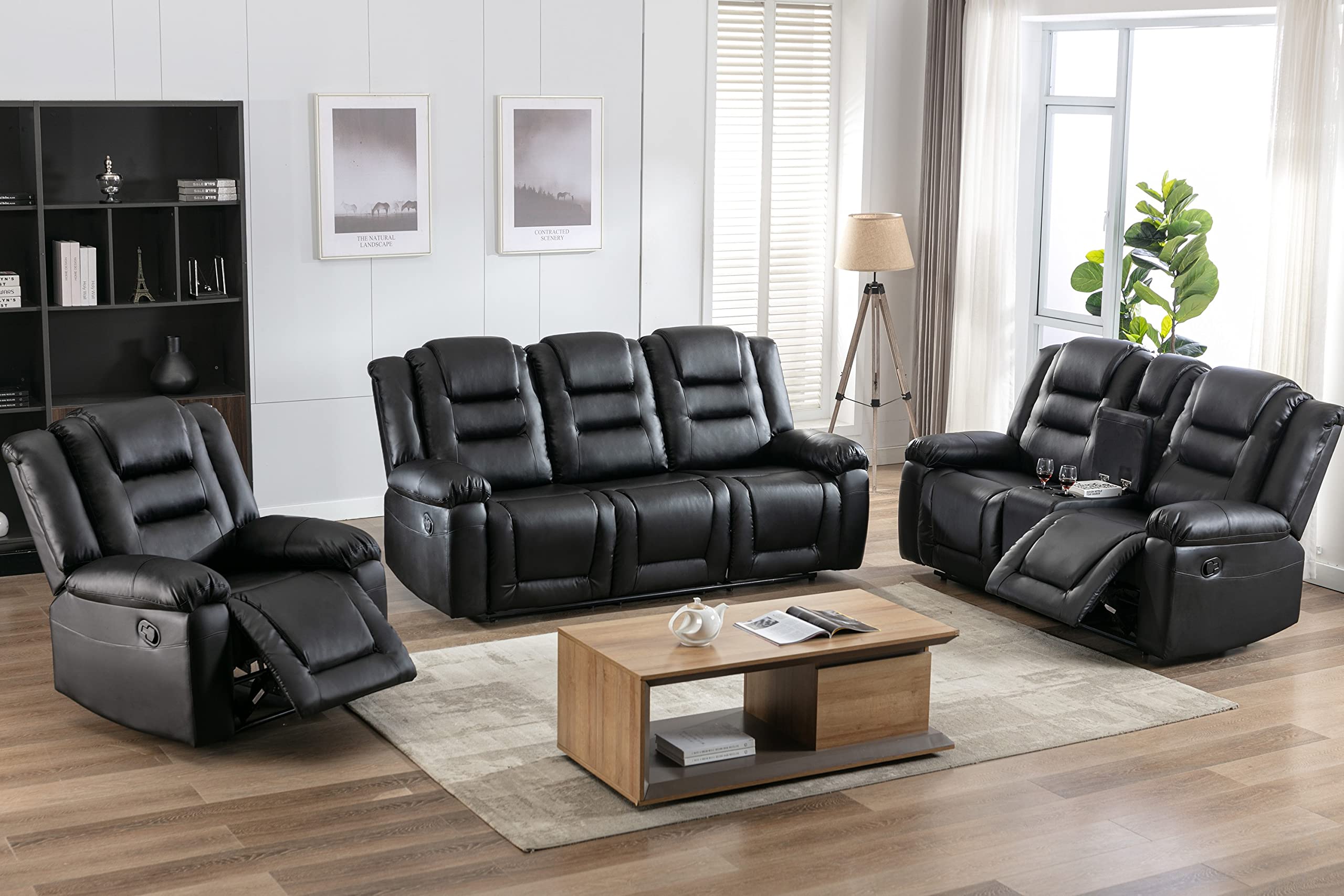 KAZIO Manual Leather Recliner Sofa Set, Living Room Furniture Set,Leather Sofa Set and Recliner Couch for Home/Office