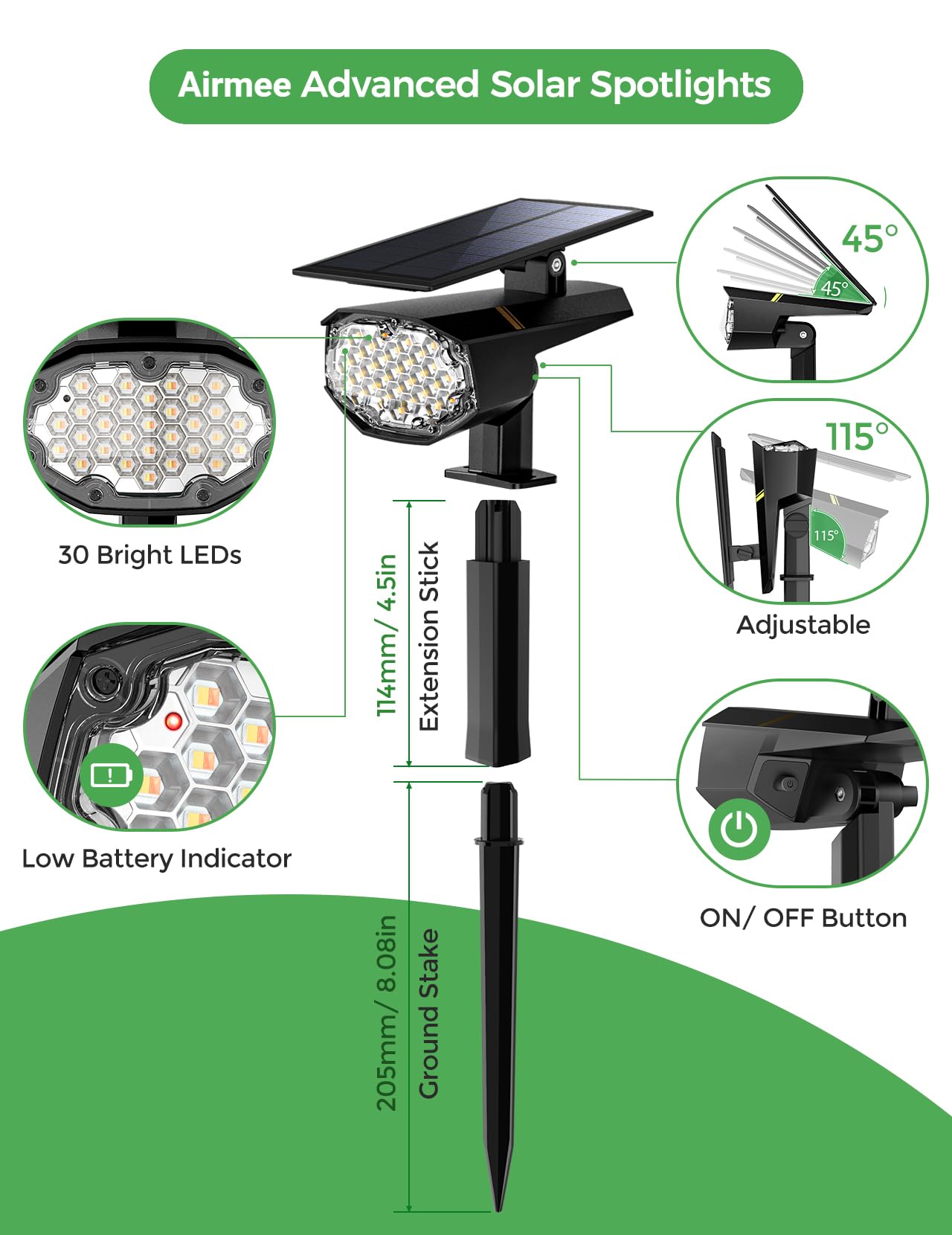 Airmee Solar Outdoor Lights 4 Pack, 30 LED Cold + Warm White Adjustable Spot Lights IP67 Waterproof, 10 Lighting Modes Spotlights Auto On/Off, 2 in 1 Solar Landscape for Yard Garden Driveway Walkway