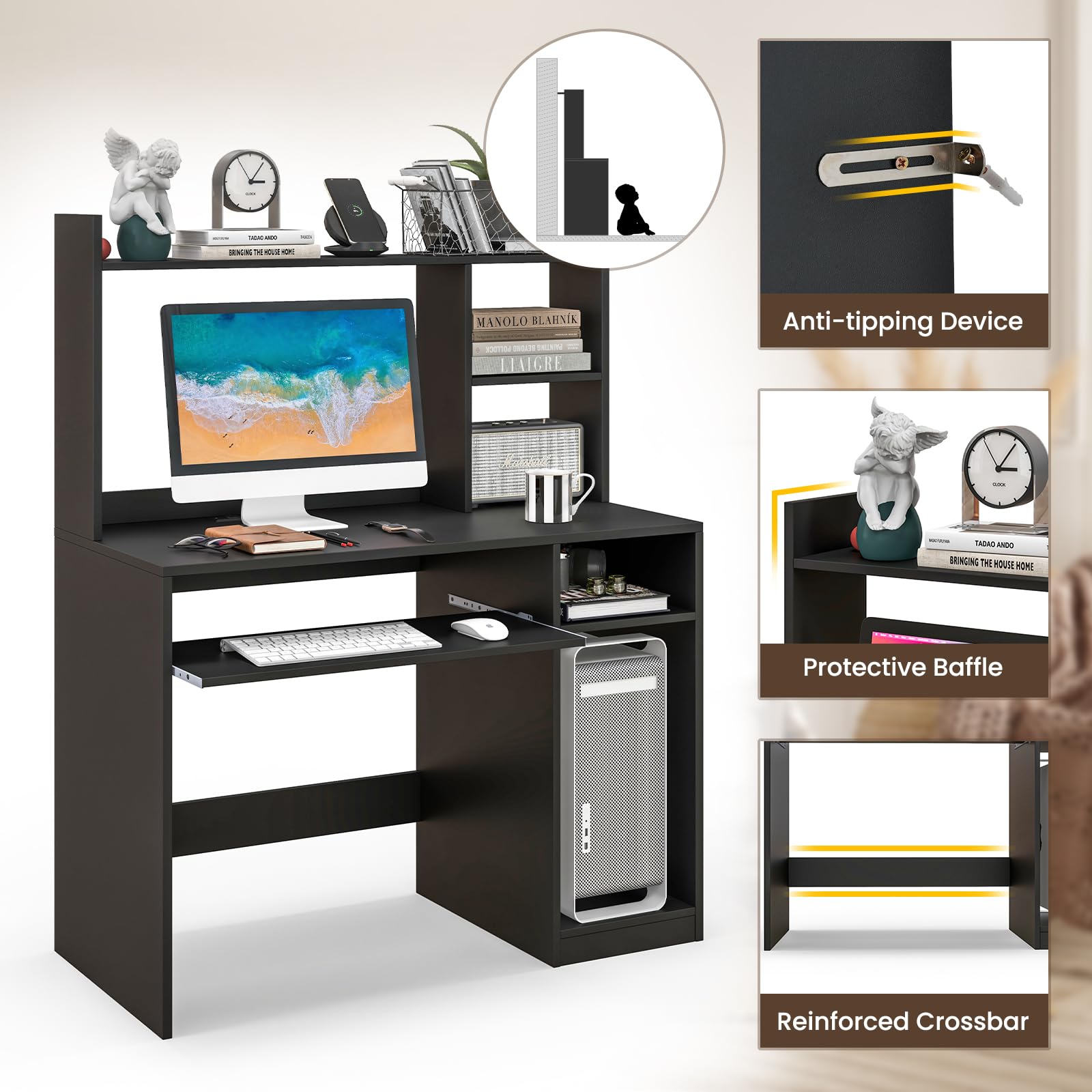 Giantex Computer Desk with Keyboard Tray, 43.5" Modern Writing Desk PC Laptop Table with Power Outlets, Hutch & Bookshelf, Multifunctional Study Workstation for Home Office, Black