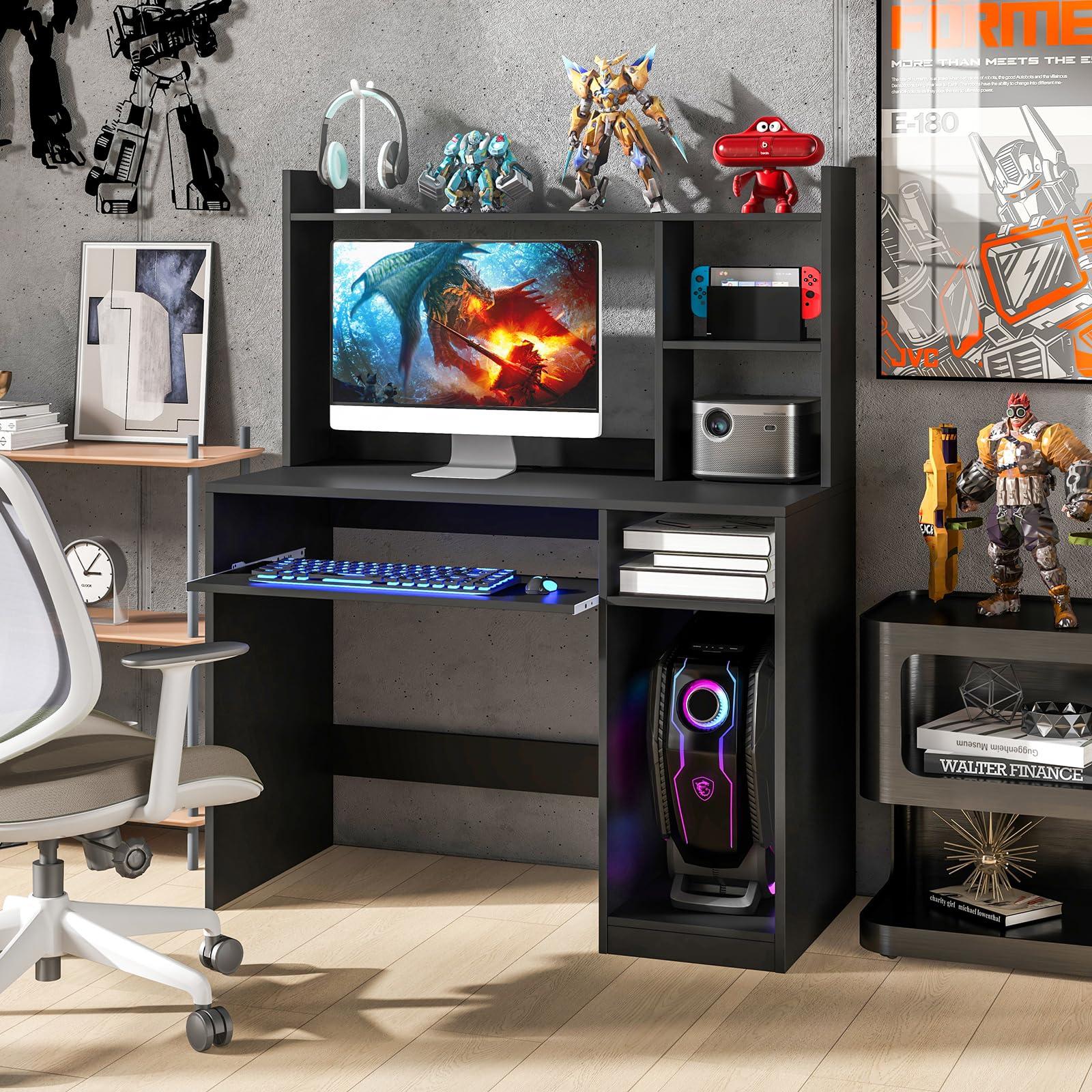 Giantex Computer Desk with Keyboard Tray, 43.5" Modern Writing Desk PC Laptop Table with Power Outlets, Hutch & Bookshelf, Multifunctional Study Workstation for Home Office, Black