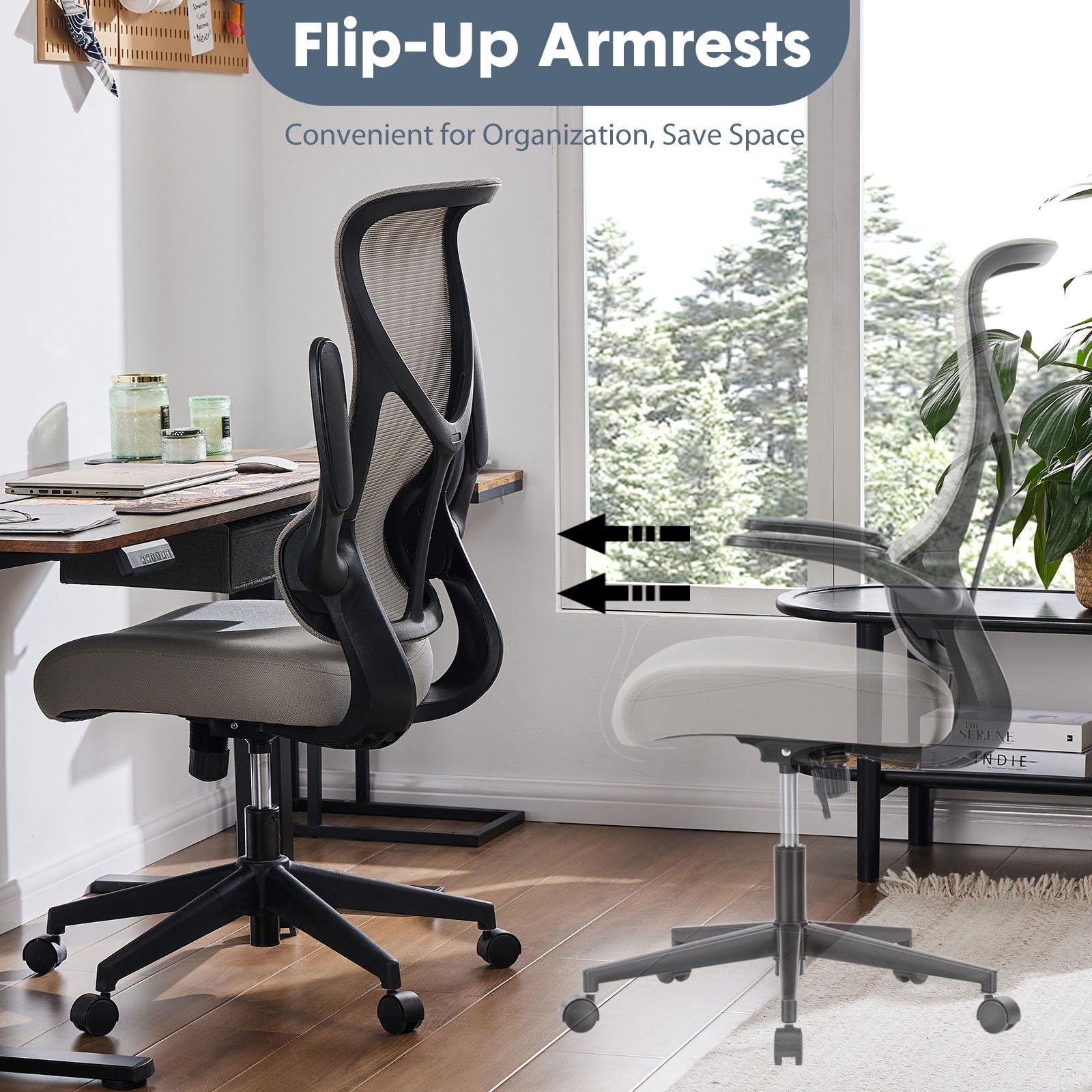High Back Office Chair Flip up Arms, Desk Chair with Lumbar Support and Wheels Ergonomic Mesh Chair Adjustable Height Work Chair for Home Office, Grey