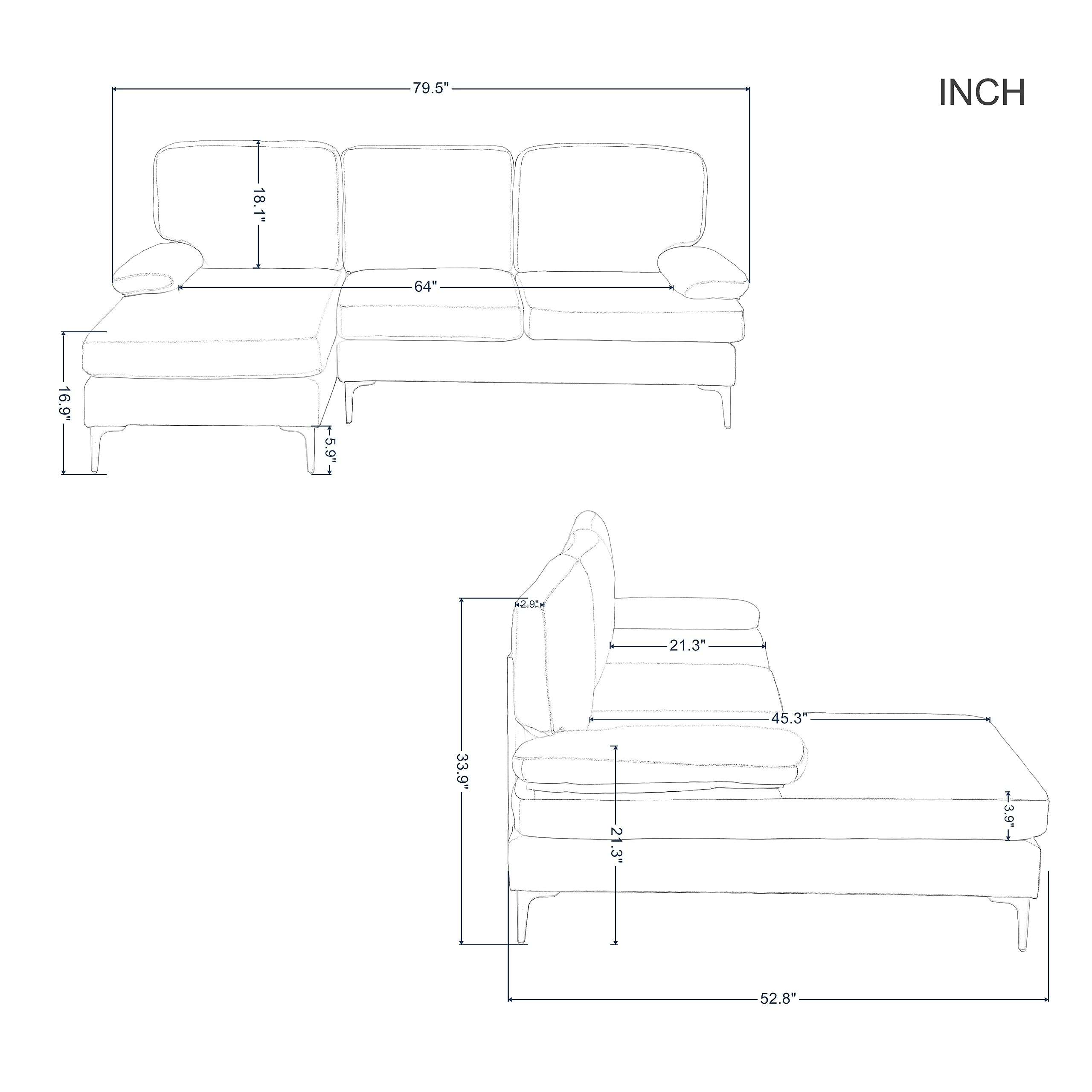 KoiHome 79.5" Left Hand Facing Sectional Sofa Couch with 2 Detachable Armrest Pillows, Modern Fabric 3-seater L Shape Chaise with Gold Metal Legs for Living Room,Apartment,Office, Polyester, Black