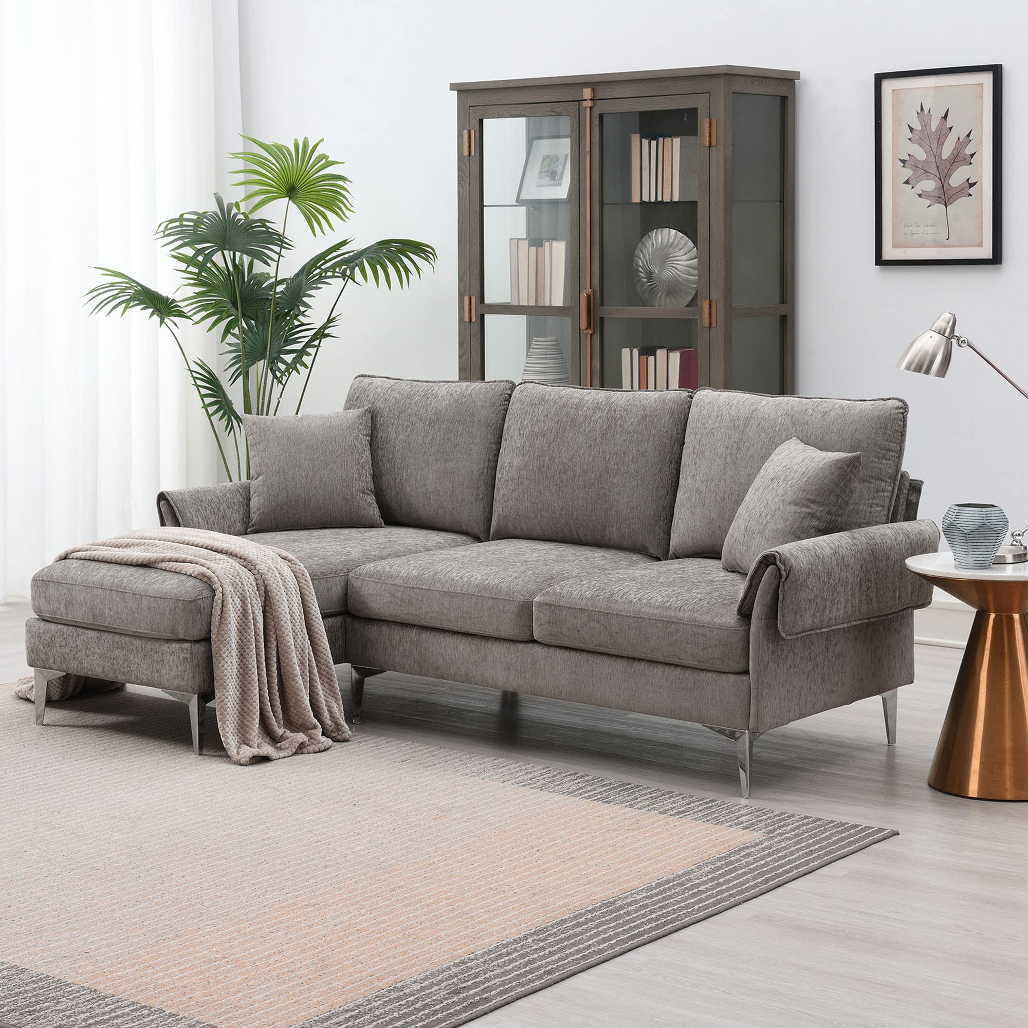 KoiHome 84" Convertible Sectional 2 Pillows, Modern Chenille L-Shaped Couch with Reversible Chaise Lounge, 3-Seater Sleeper Sofa, Fit for Living Room,Office,Apartment, Polyester, Grey