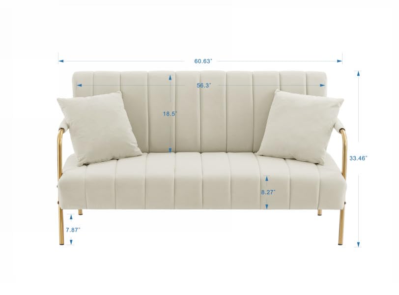 Majnesvon 61" Modern Loveseat Sofa Couch,Cashmere Fabric Small Love Seat w/2 Pillows and Metal Legs,2-Seater Upholstered Mini Sofa Couches for Small Space,Living Room Bedroom Apartments (White)