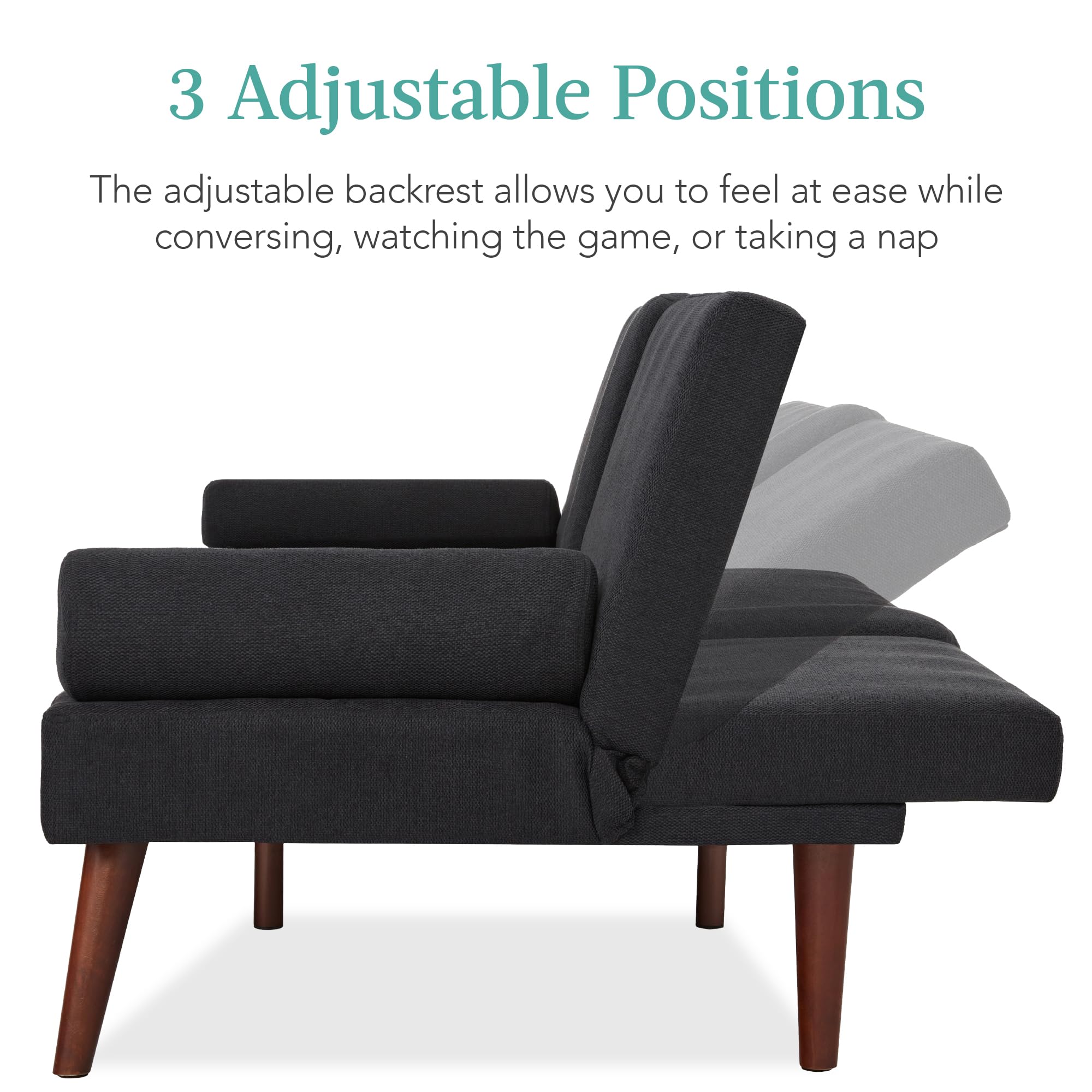 Best Choice Products Mid-Century Modern Upholstered Futon, Convertible Folding Sofa Bed, Small Couch w/Rounded Armrests, 2 Cupholders - Black