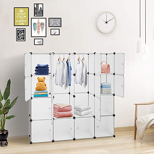 MengK Modular Closet Organizer - 16 Cube Wardrobe Storage System with Drawers and Doors - Perfect for Clothes, Shoes, Toys - DIY Bookcase in White