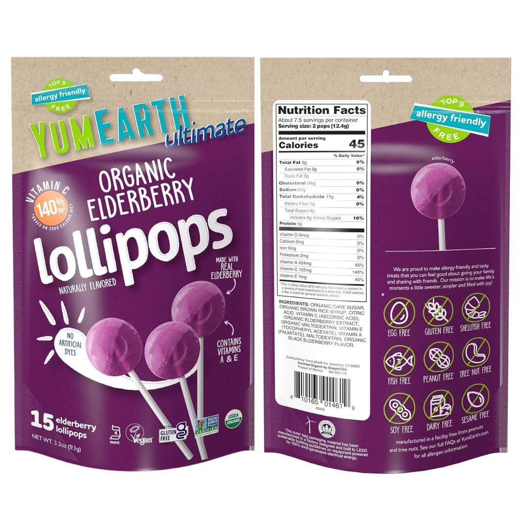 Allergy Friendly Vitamin C Suckers & Lollipops Dye Free Candy Bundle - Elderberry and Anti Oxidant Yum Earth Organic Candy, 30 Count, Vitamin Packed, Low Sugar, Gluten Free