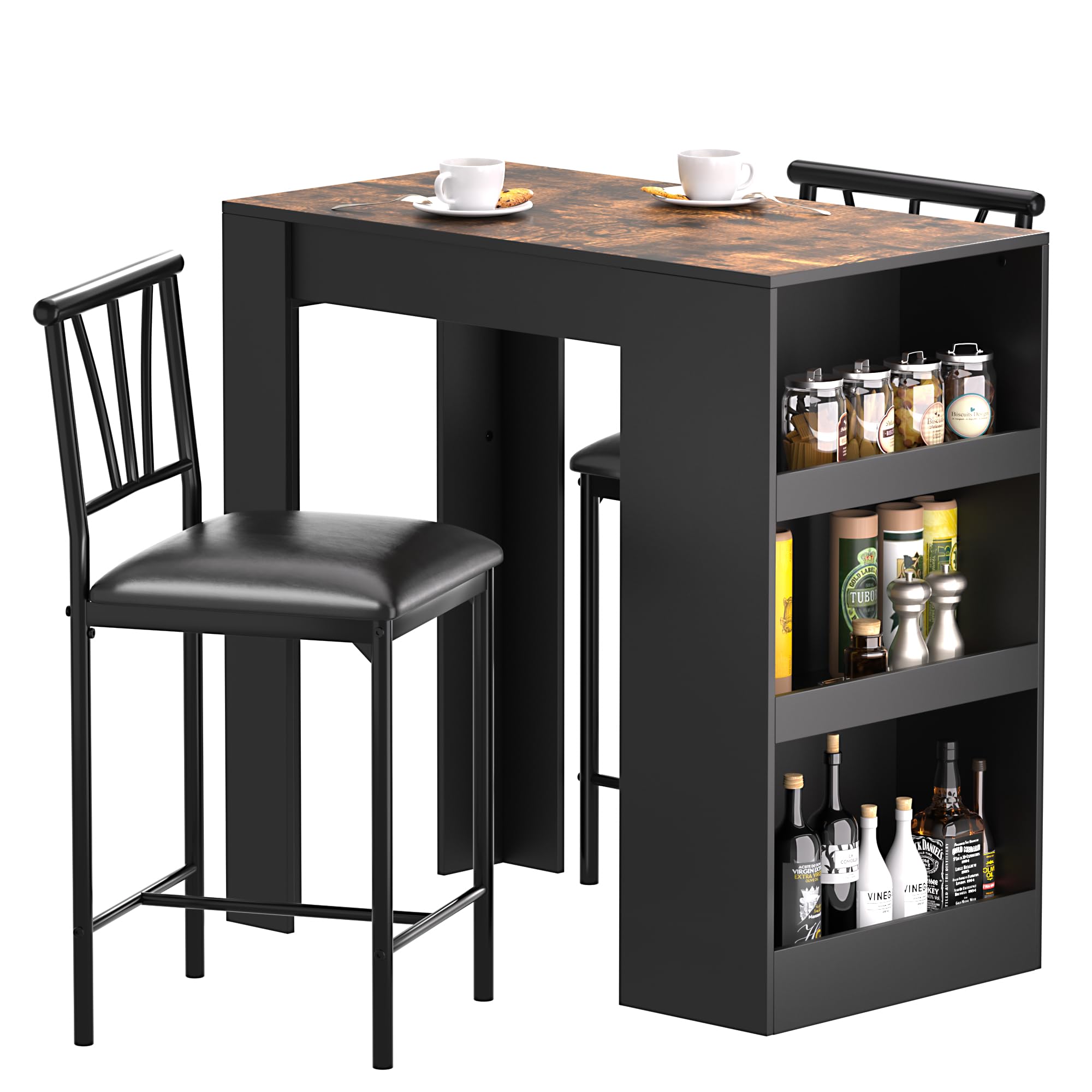 VECELO Small Bar Table and Chairs Tall Kitchen Breakfast Nook with Stools/Dining Set for 2, Storage Shelves, Space-Saving, Black