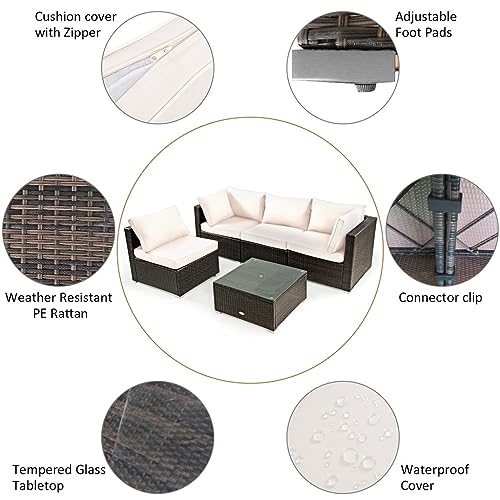 LHLLHL 6PCS Patio Furniture Set Rattan Cushioned Gas Fire Pit Table Beige