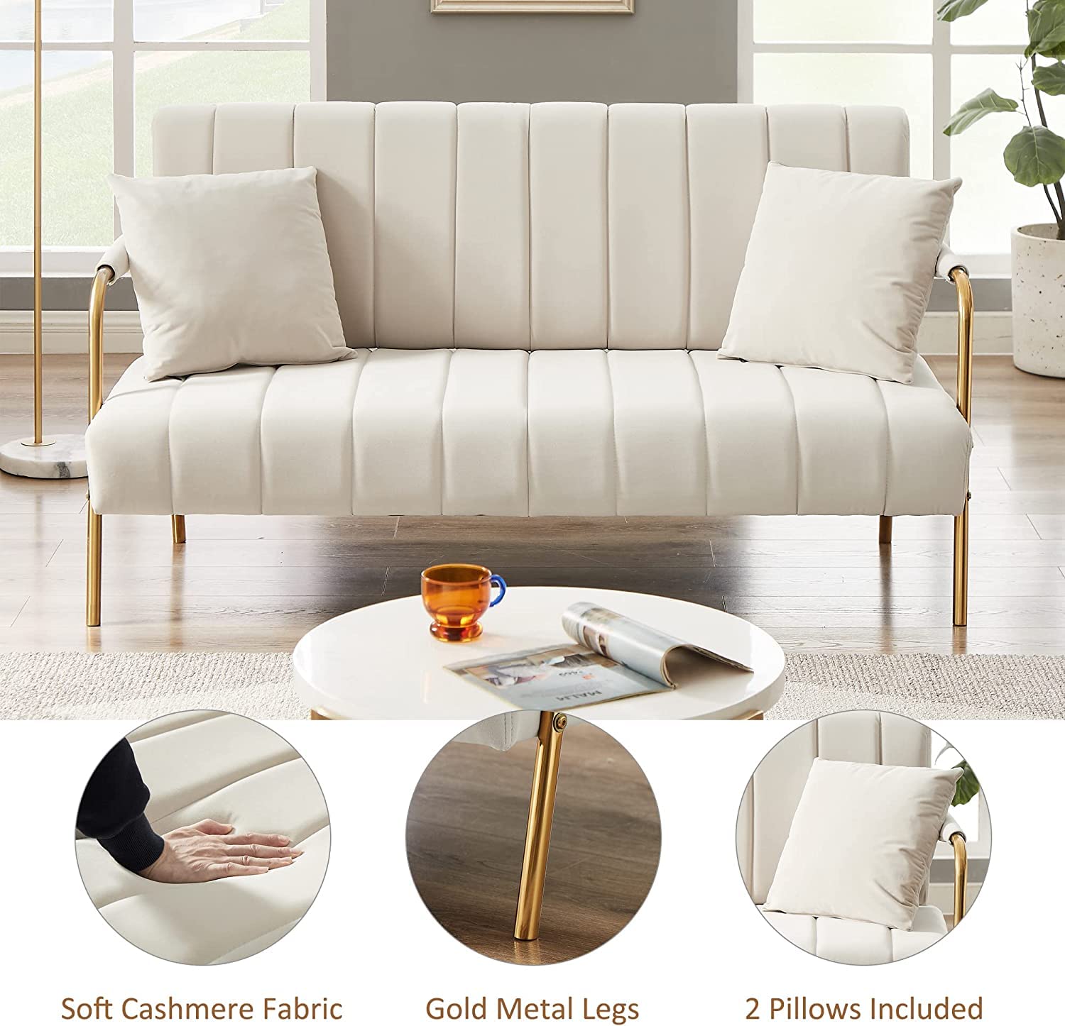 Majnesvon 61" Modern Loveseat Sofa Couch,Cashmere Fabric Small Love Seat w/2 Pillows and Metal Legs,2-Seater Upholstered Mini Sofa Couches for Small Space,Living Room Bedroom Apartments (White)
