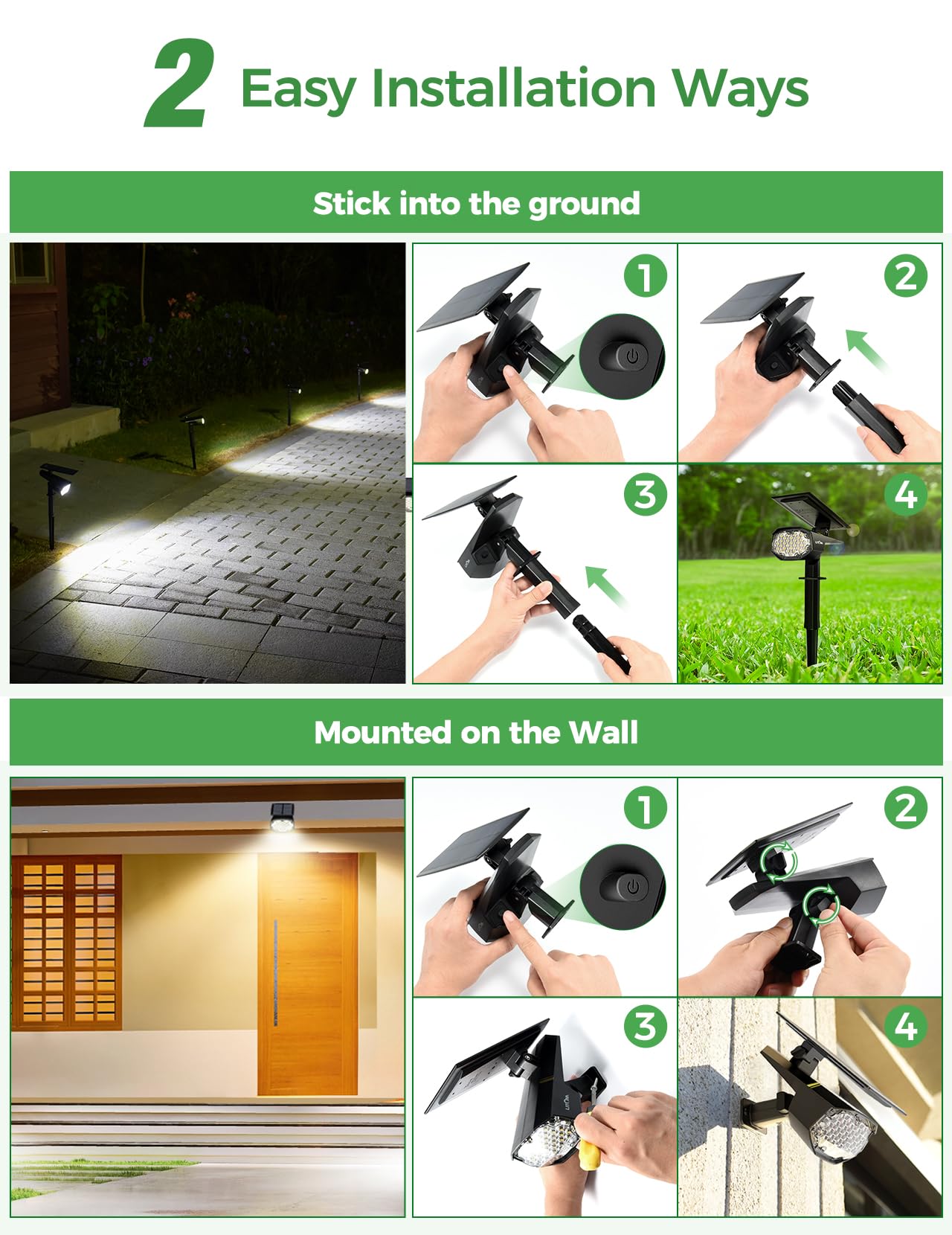 Airmee Solar Outdoor Lights 4 Pack, 30 LED Cold + Warm White Adjustable Spot Lights IP67 Waterproof, 10 Lighting Modes Spotlights Auto On/Off, 2 in 1 Solar Landscape for Yard Garden Driveway Walkway