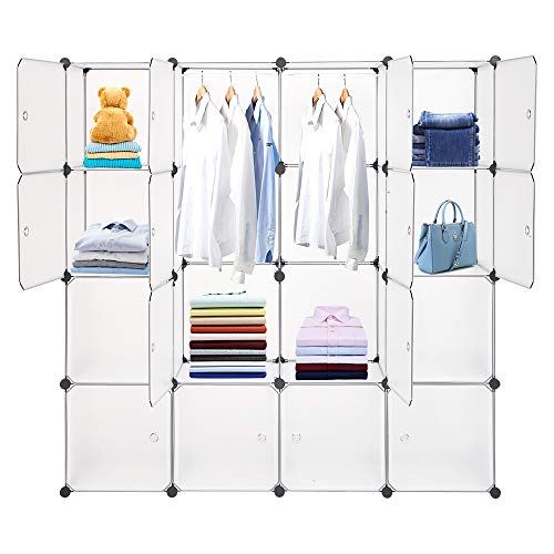 MengK Modular Closet Organizer - 16 Cube Wardrobe Storage System with Drawers and Doors - Perfect for Clothes, Shoes, Toys - DIY Bookcase in White