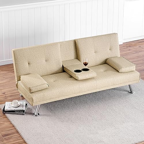 JCSTEU 67" Leather Sofa Bed with Cup Holder, Folding Sleeper Loveseat Couch with Adjustable Backrests, Convertible Loveseat Sofa for Living Room, Apartment,600 LBS Support (Beige)