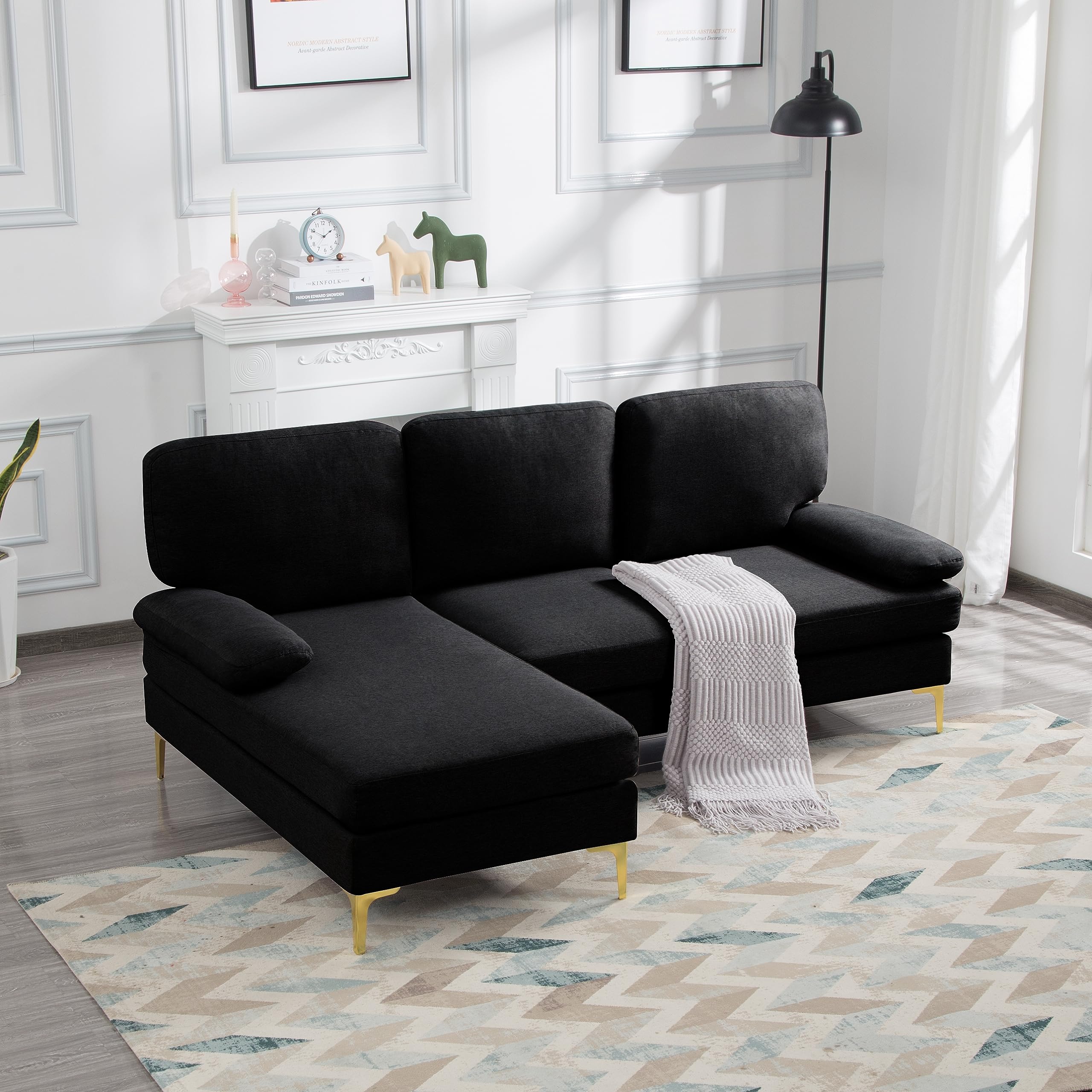 KoiHome 79.5" Left Hand Facing Sectional Sofa Couch with 2 Detachable Armrest Pillows, Modern Fabric 3-seater L Shape Chaise with Gold Metal Legs for Living Room,Apartment,Office, Polyester, Black
