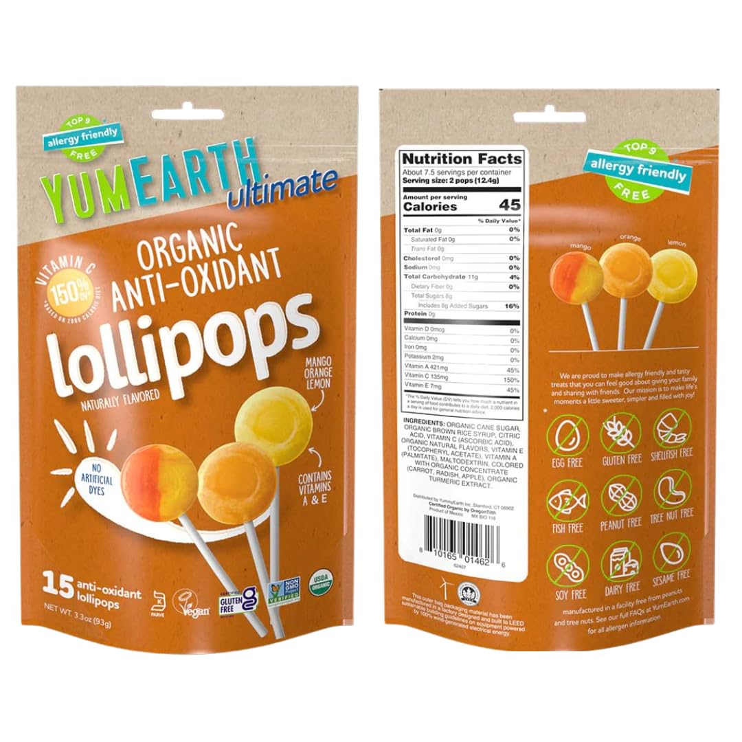 Allergy Friendly Vitamin C Suckers & Lollipops Dye Free Candy Bundle - Elderberry and Anti Oxidant Yum Earth Organic Candy, 30 Count, Vitamin Packed, Low Sugar, Gluten Free